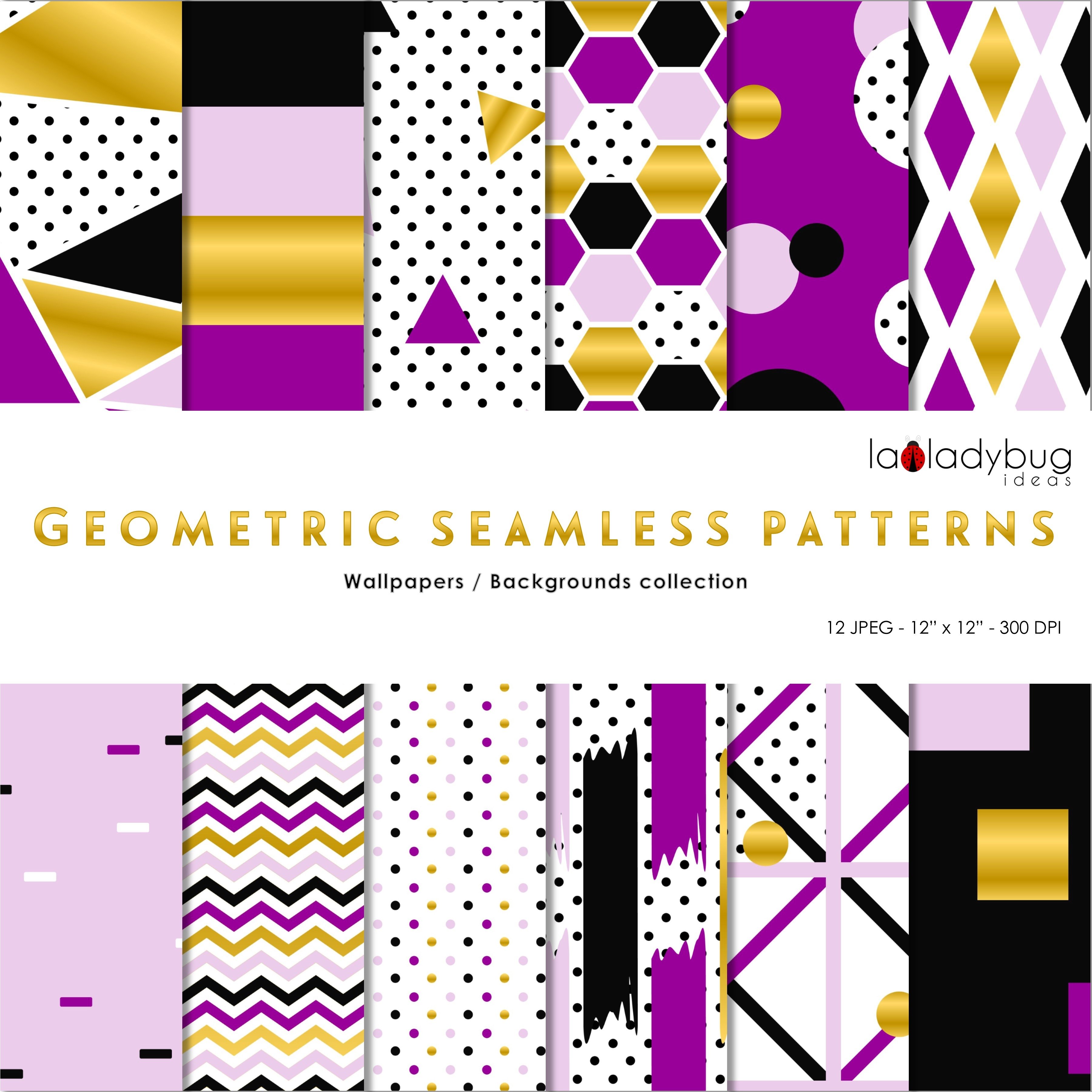 Golden, black, purple and lilac geometric seamless patterns