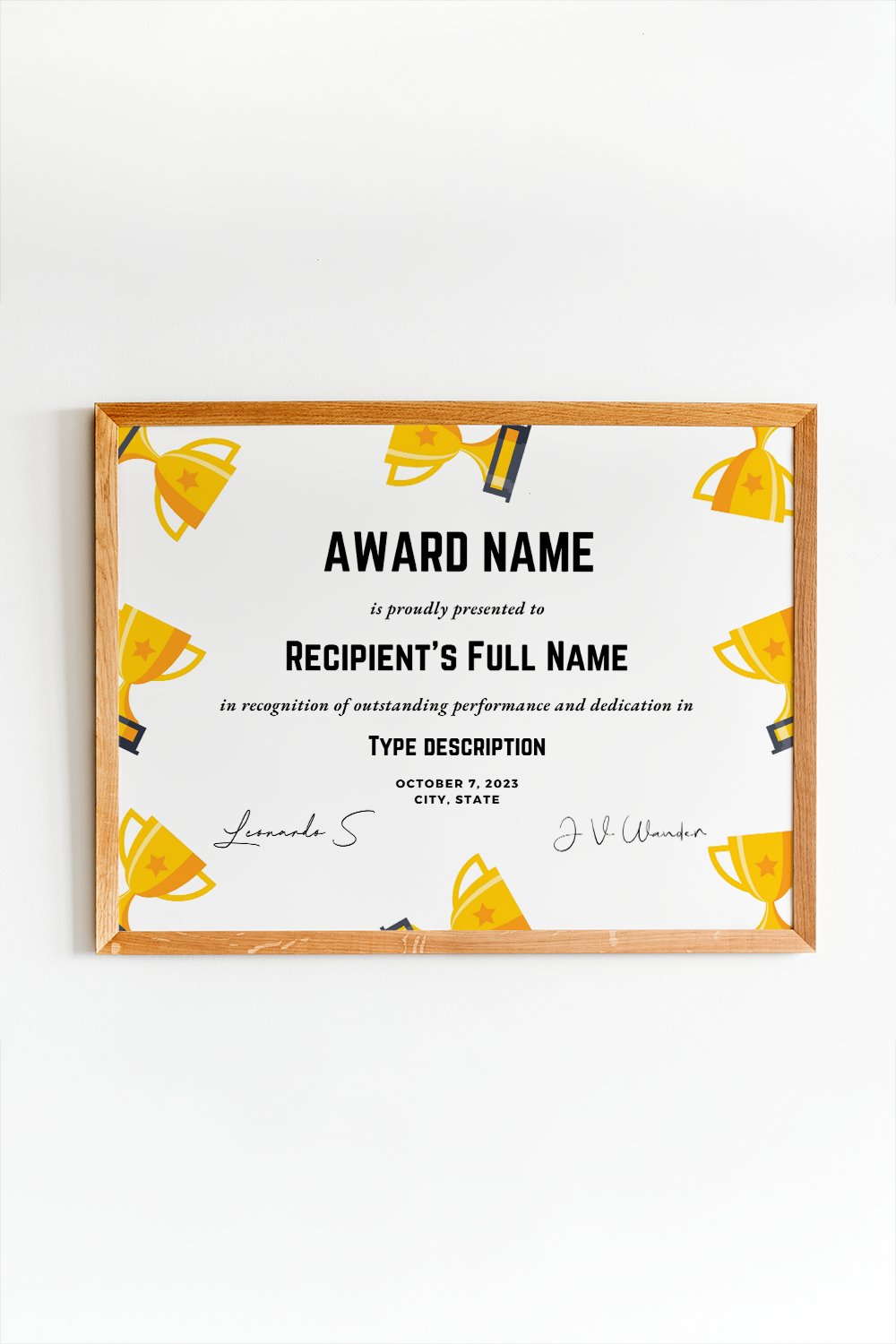 Editable Trophy Award Certificate template, printable