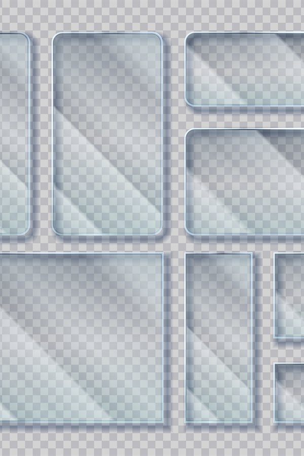 Realistic transparent banners. Window glass frames with glar