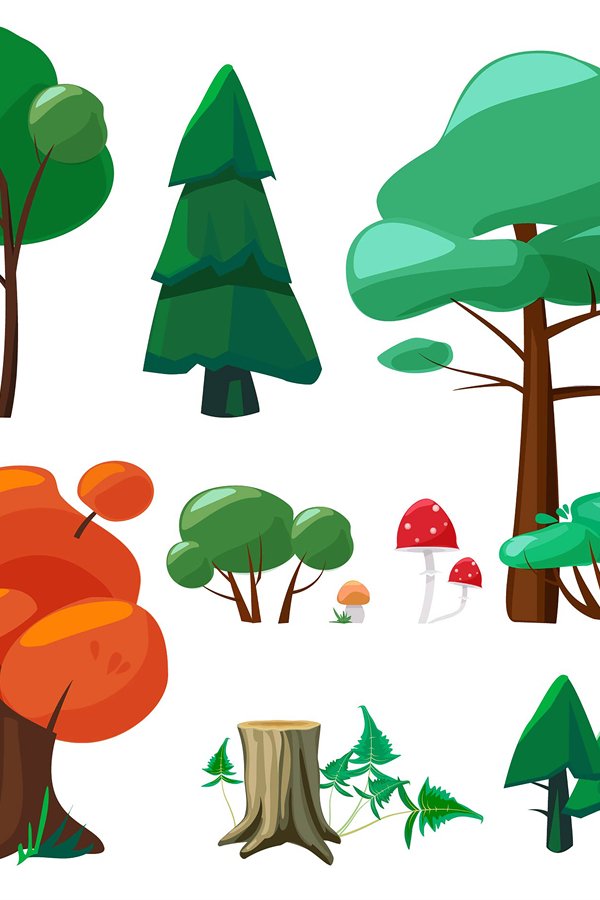 Nature cartoon elements. Game ui collection of trees shrubs