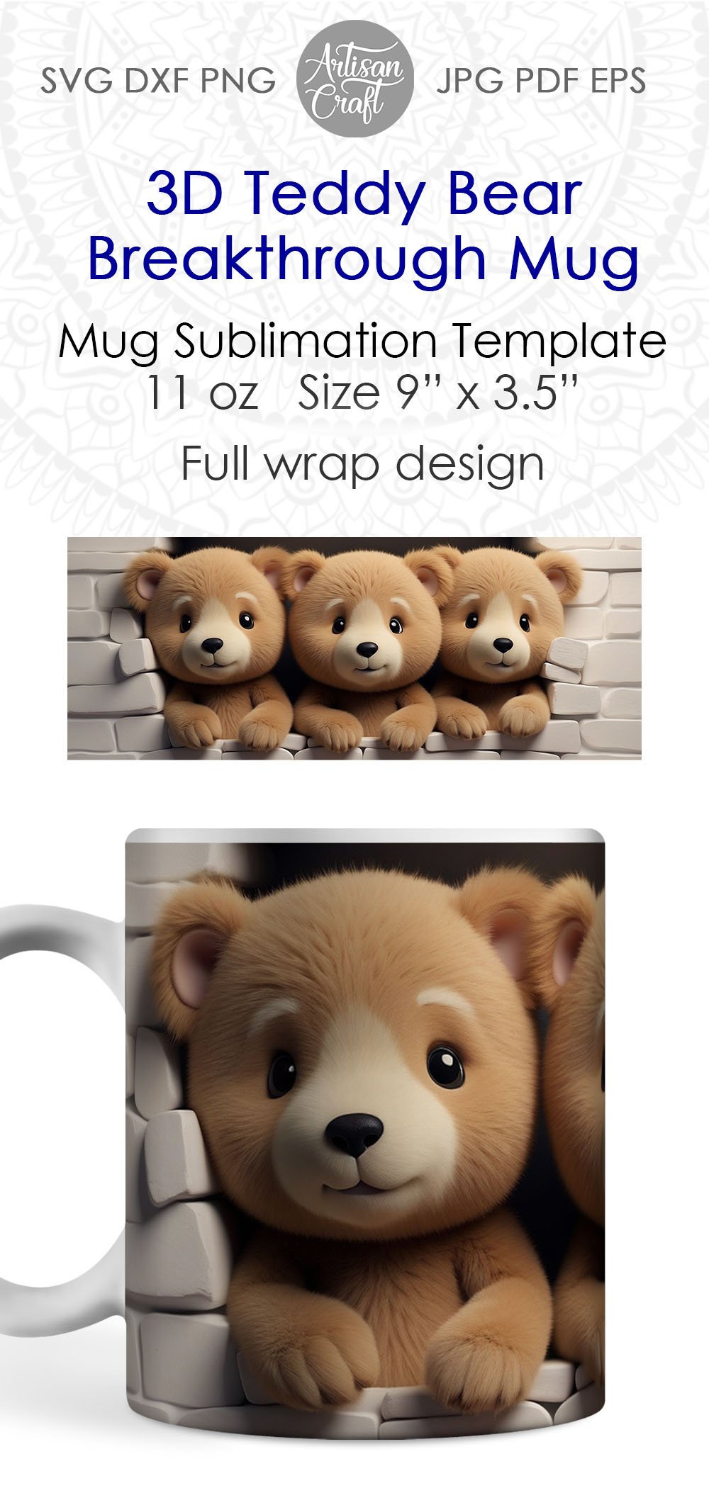 3D Teddy Bear, breakthrough mug, 3D Hole Mug, 11oz mug PNG