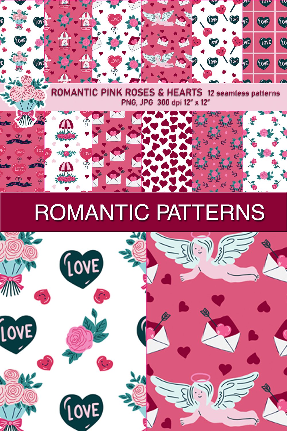 Romantic Pink roses & hearts. Valentines Day digital papers.