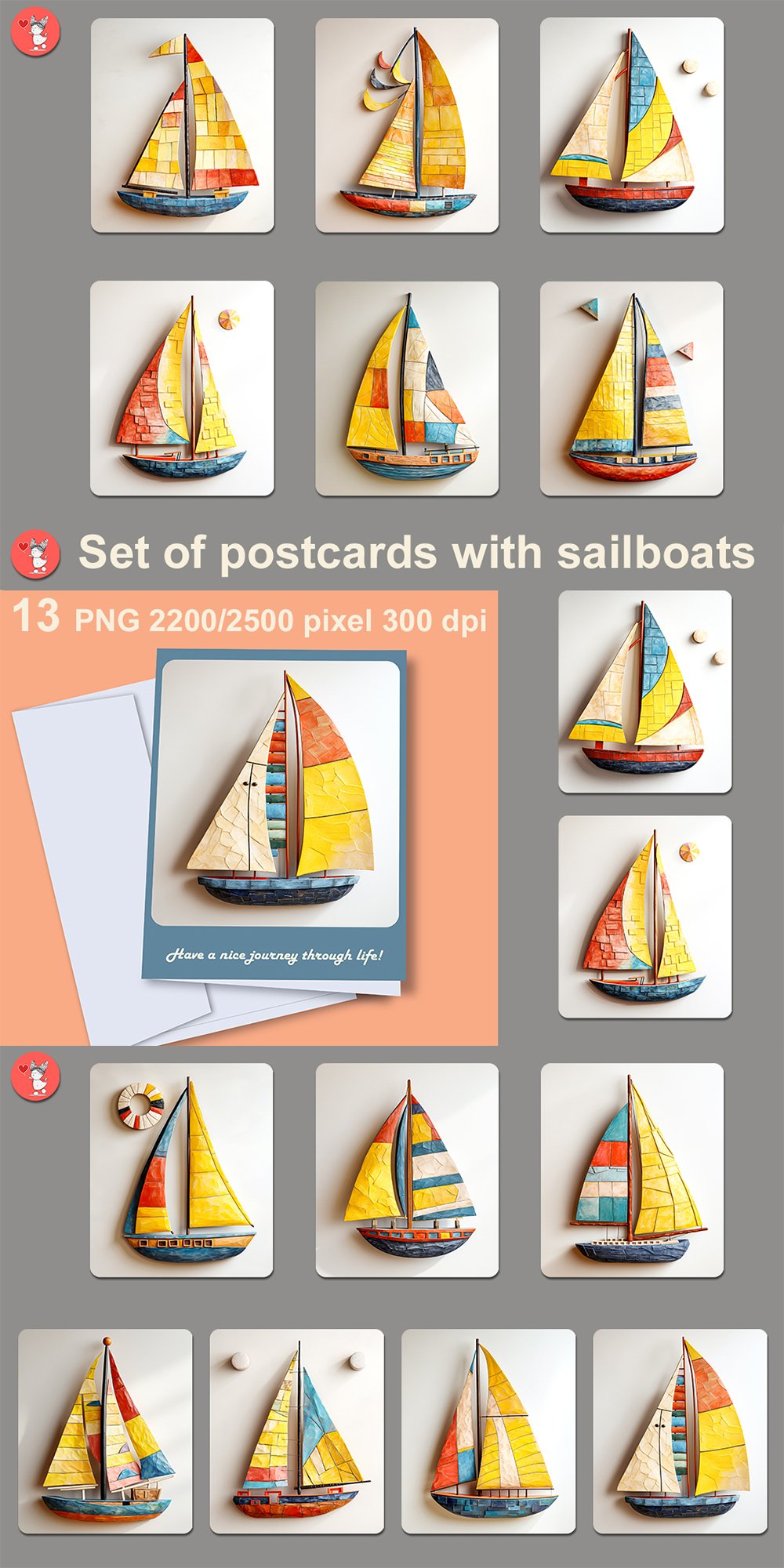 Set of postcards with sailboats