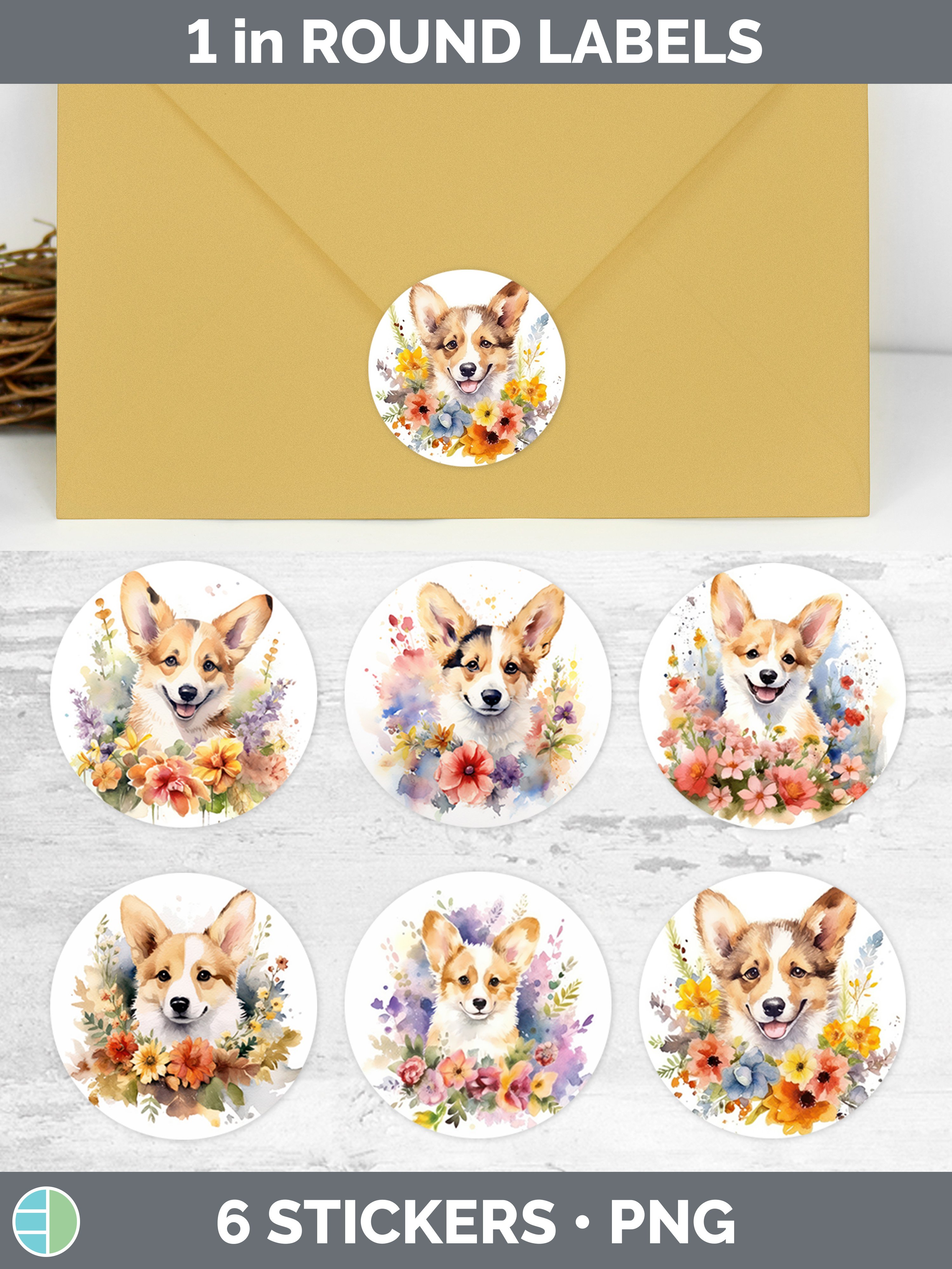 Watercolor Corgi Dog Stickers | Round Labels Designs Bundle