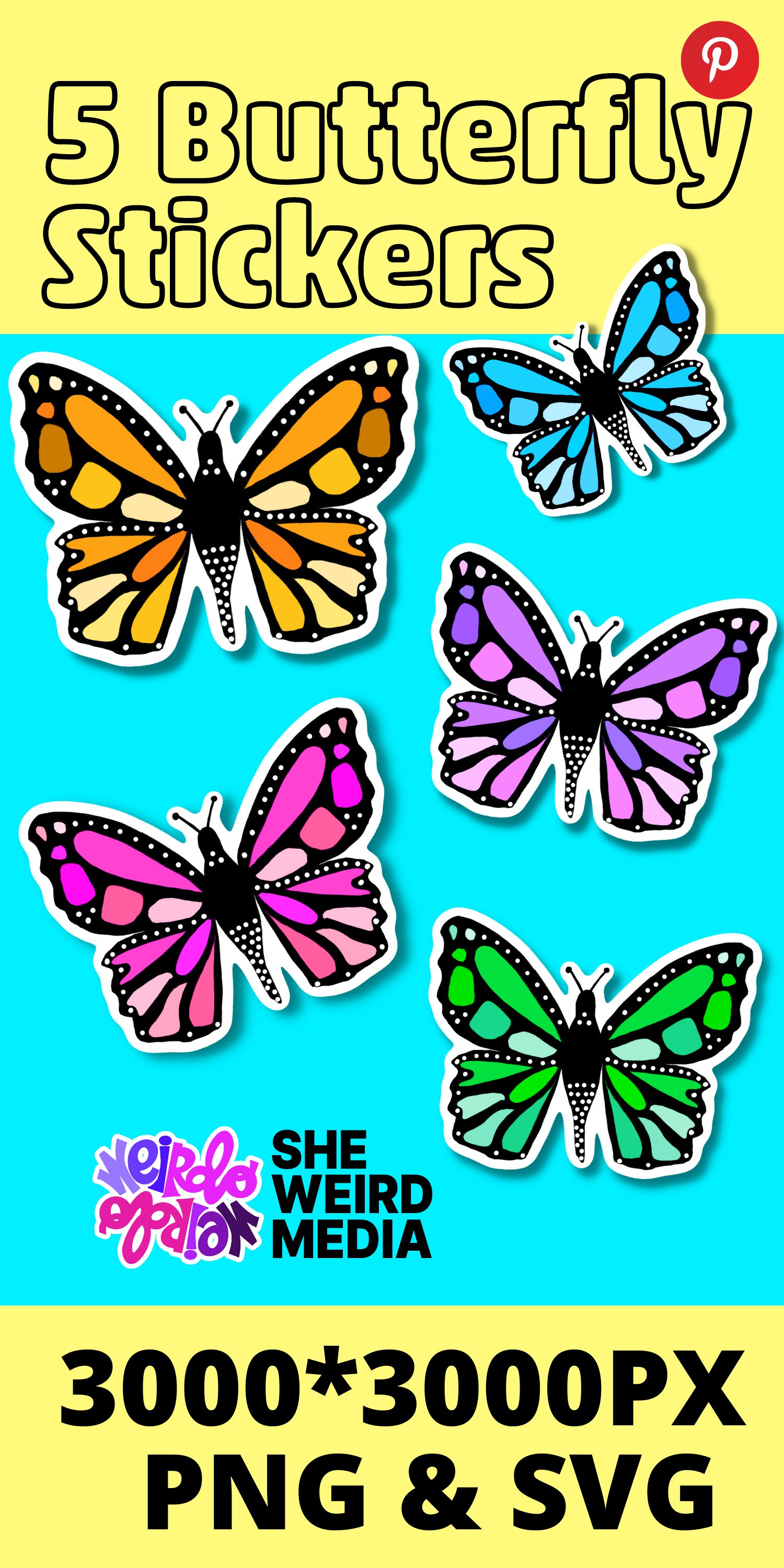 5 Vibrant Butterfly Stickers PNG, SVG flying insect cartoon