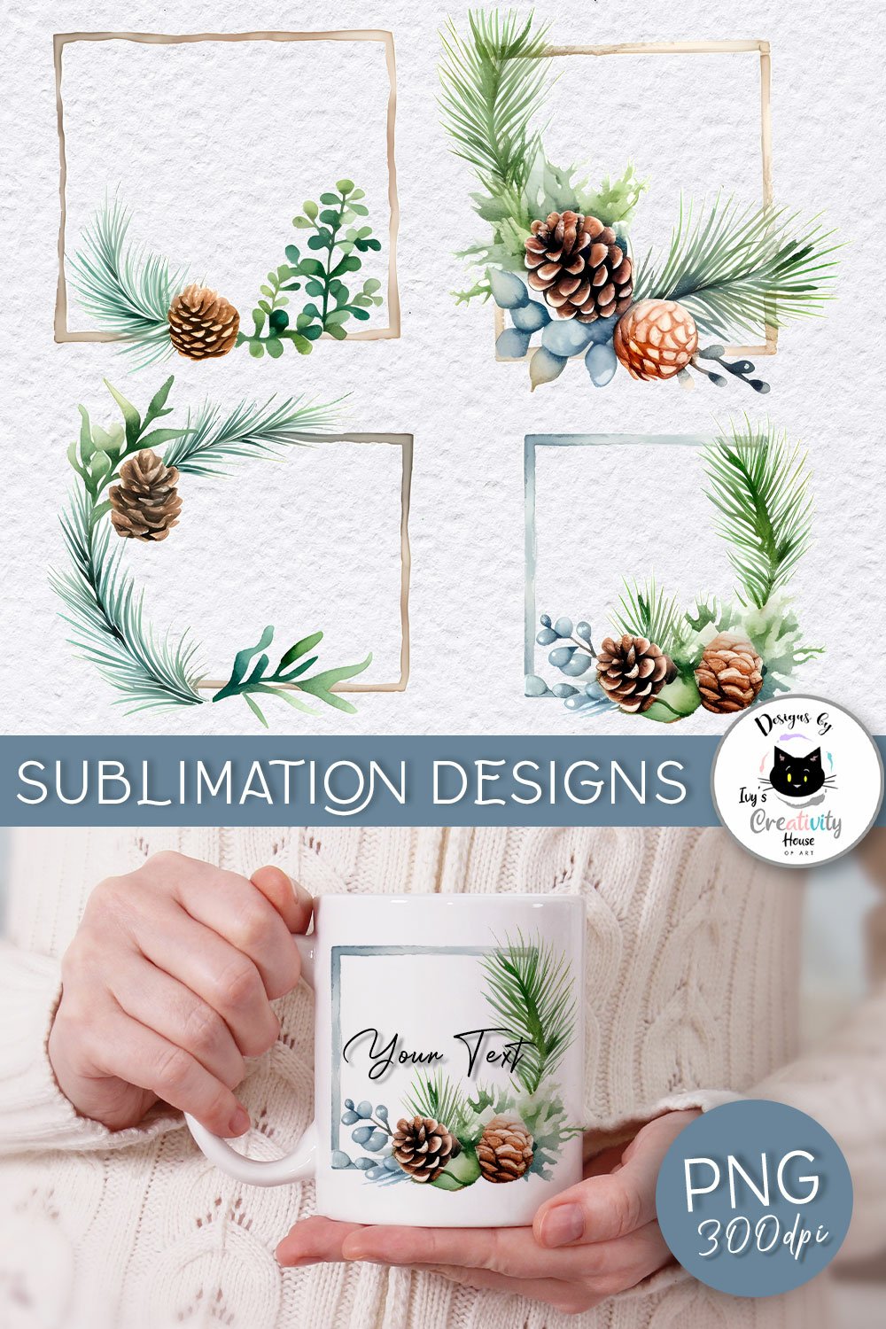 Watercolor Winter Frames | Pine Christmas Borders