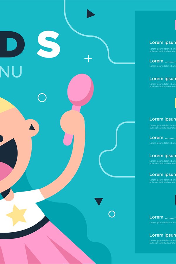 Kids menu. Colorful kid food and drink menu for cafe or rest