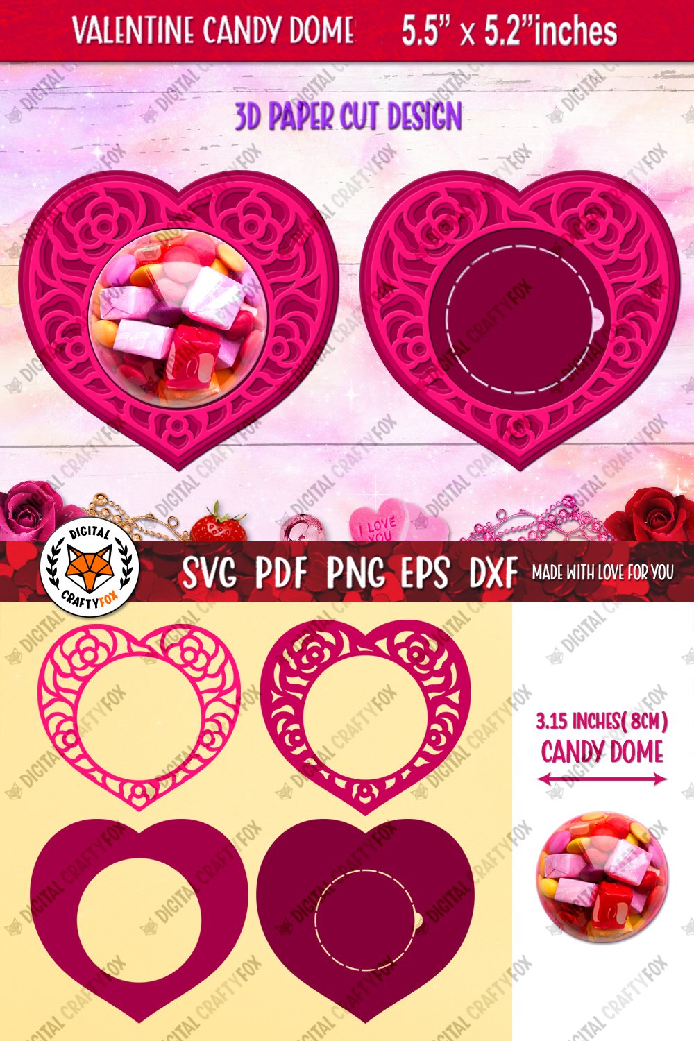 3D Heart Candy Dome SVG, Valentine Candy Dome Holder
