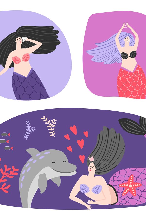 Cute mermaids, dolphin, seaweed illustration