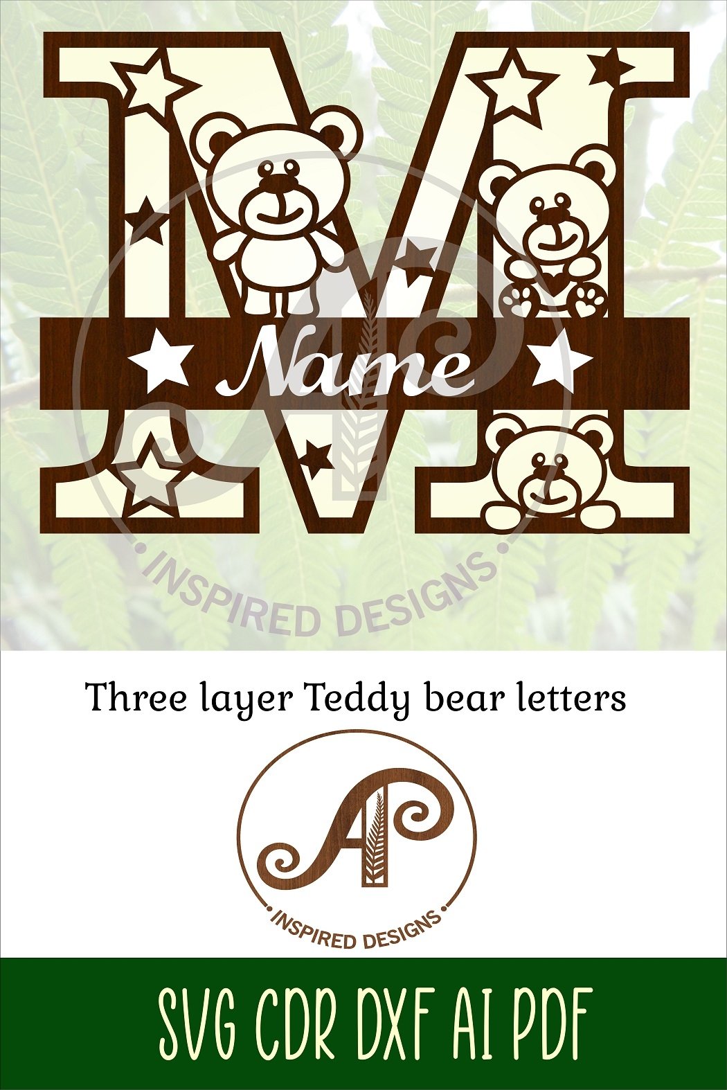 Teddy bear monogram letter Name signs 3 layer design SVG