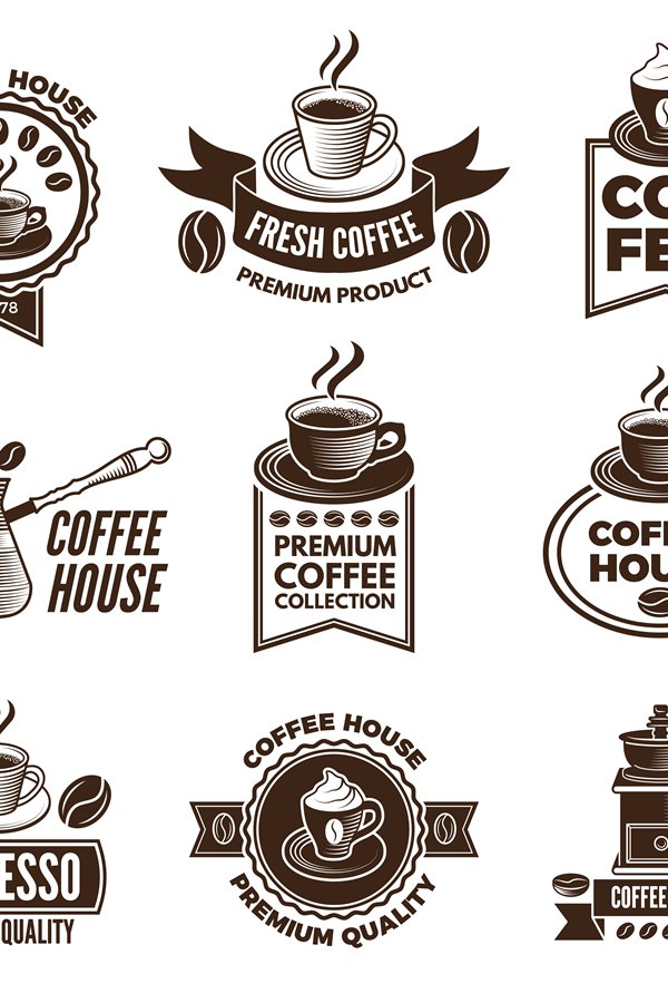 Different labels set for coffee house. Pictures of cups of c