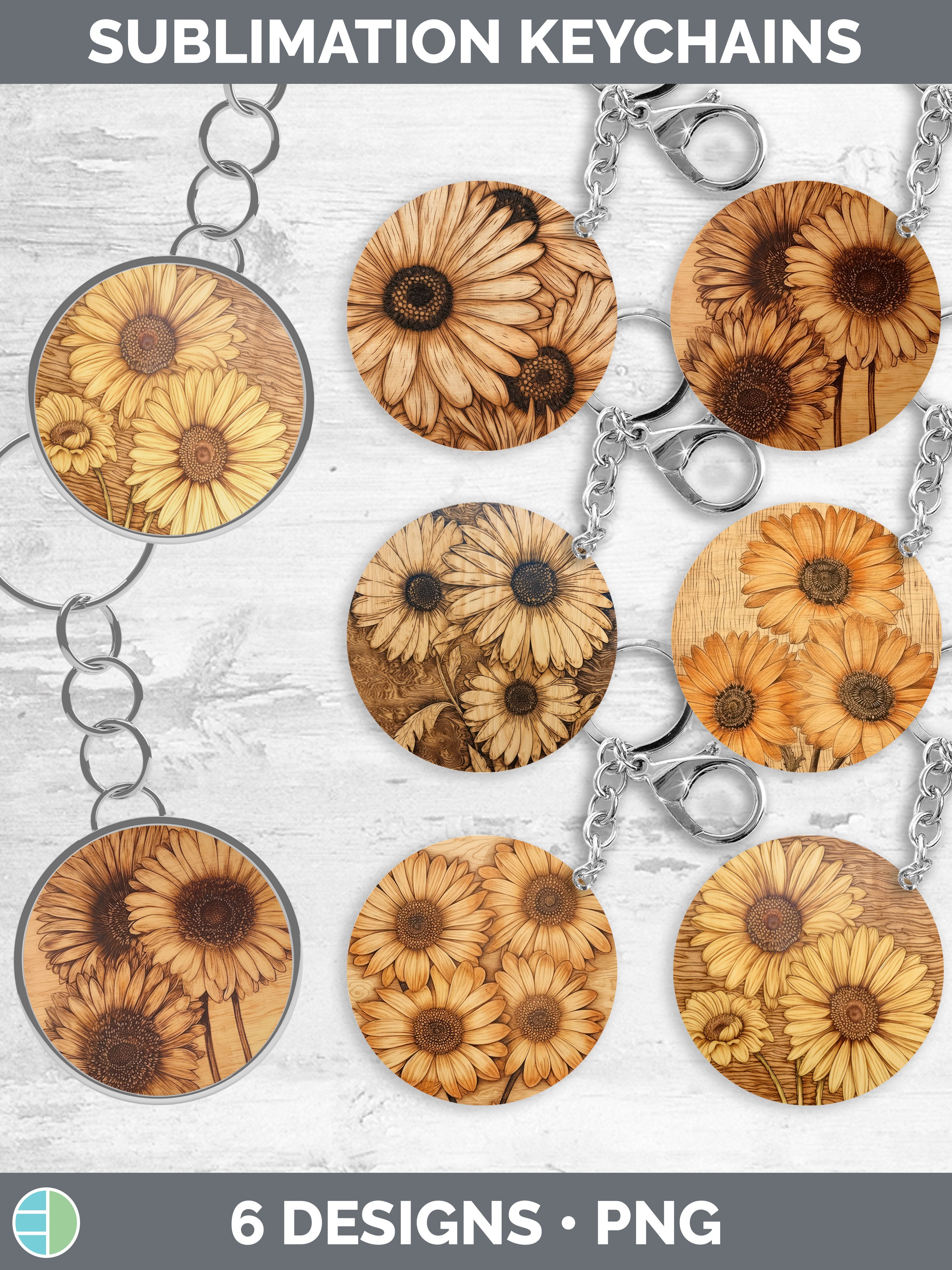 Wood Burned Gerbera Daisy Flowers Keychain | Sublimation Key