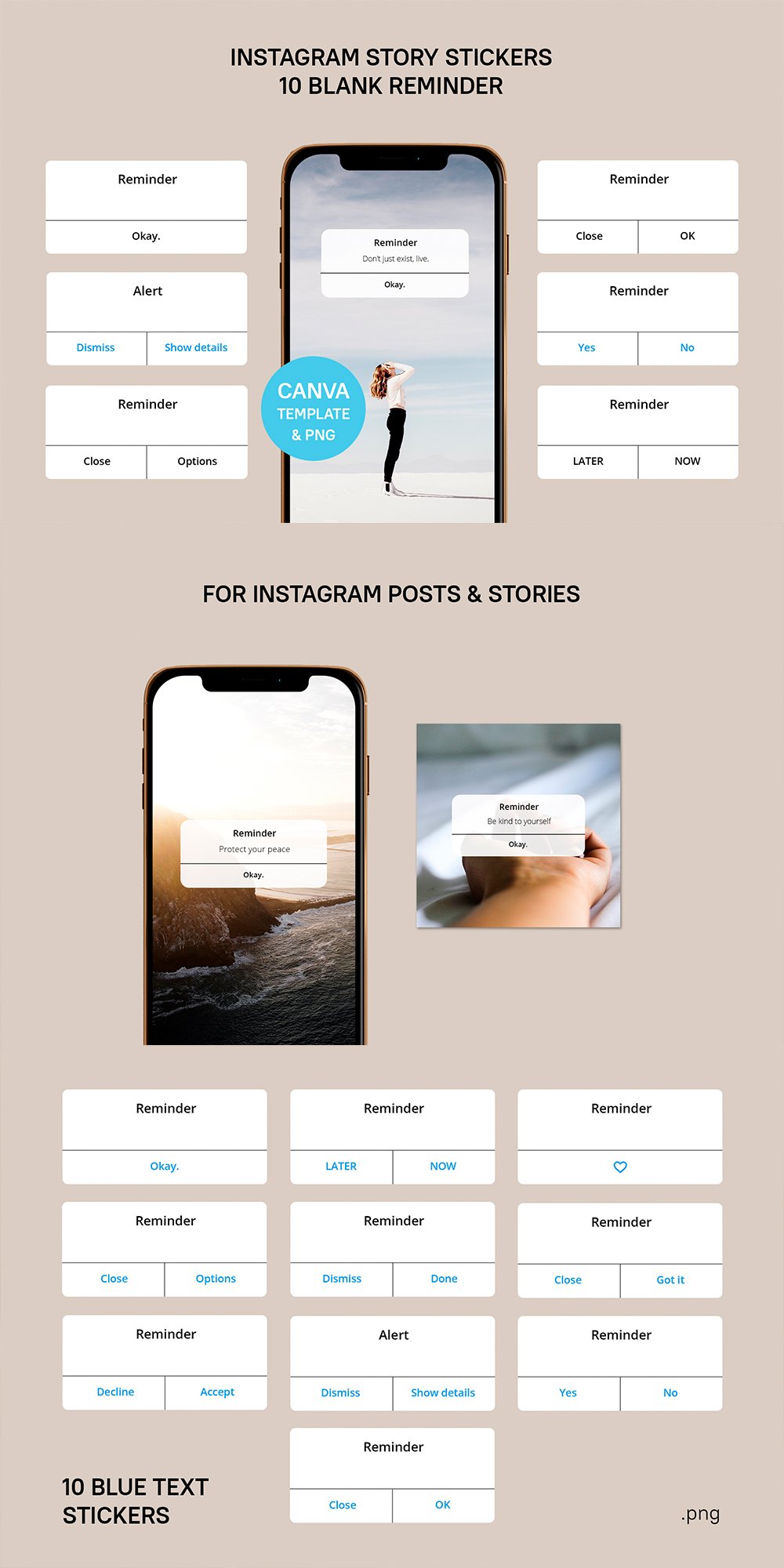 10 Instagram Story Stickers, iPhone Reminder, Canva template