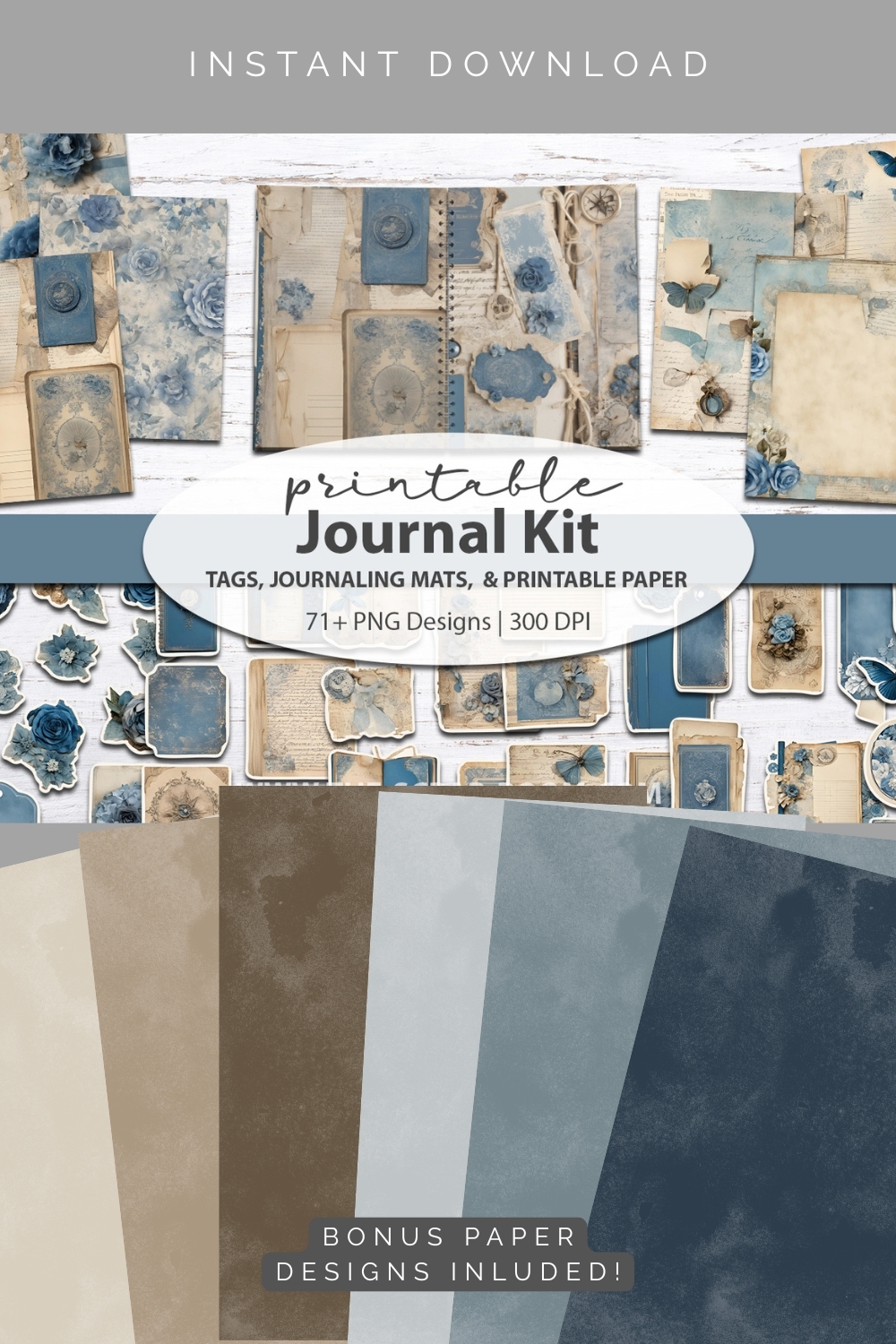 Printable Junk Journal Kit blue and ivory digital papers