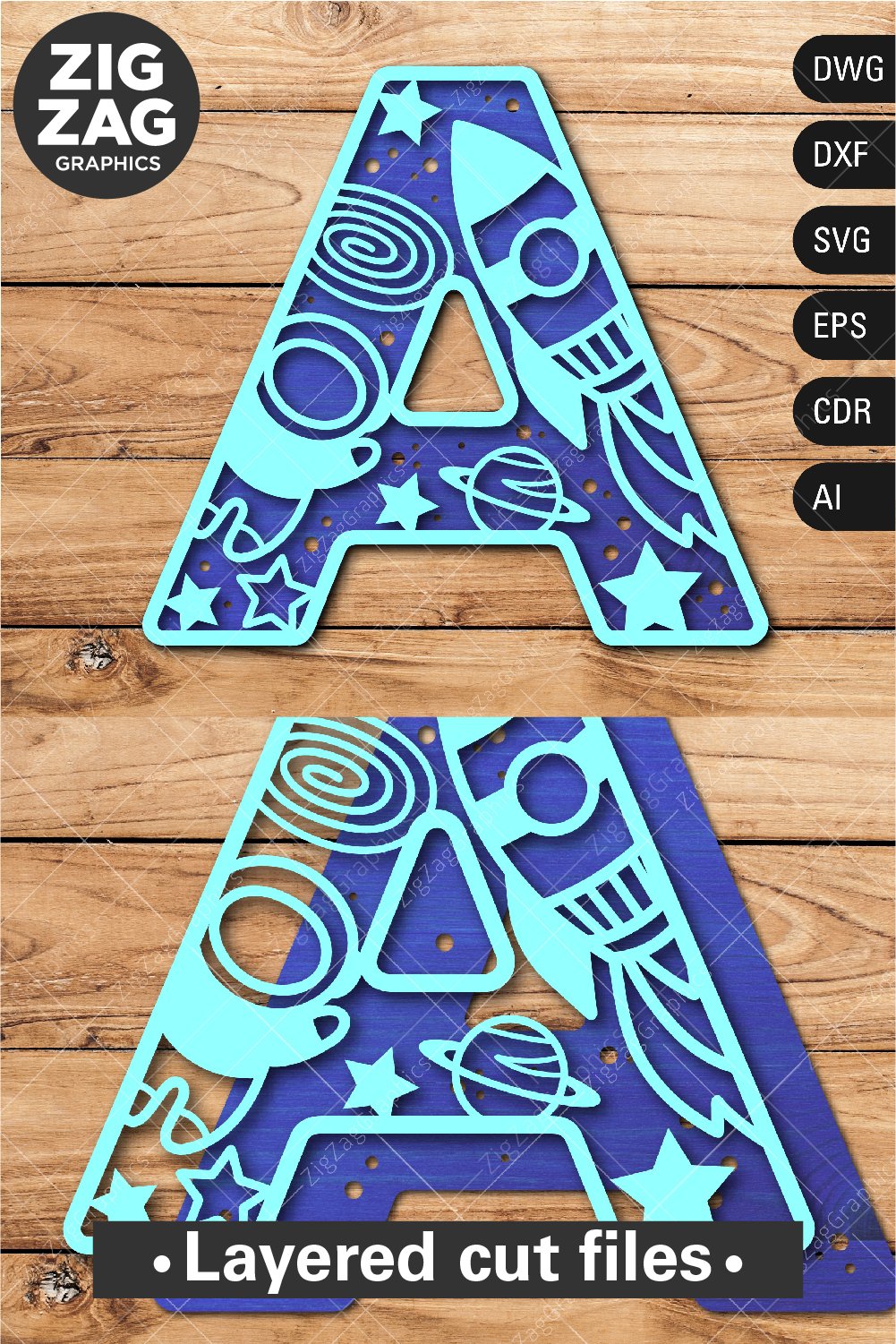 layered kids letter a with space rocket astronaut and stars