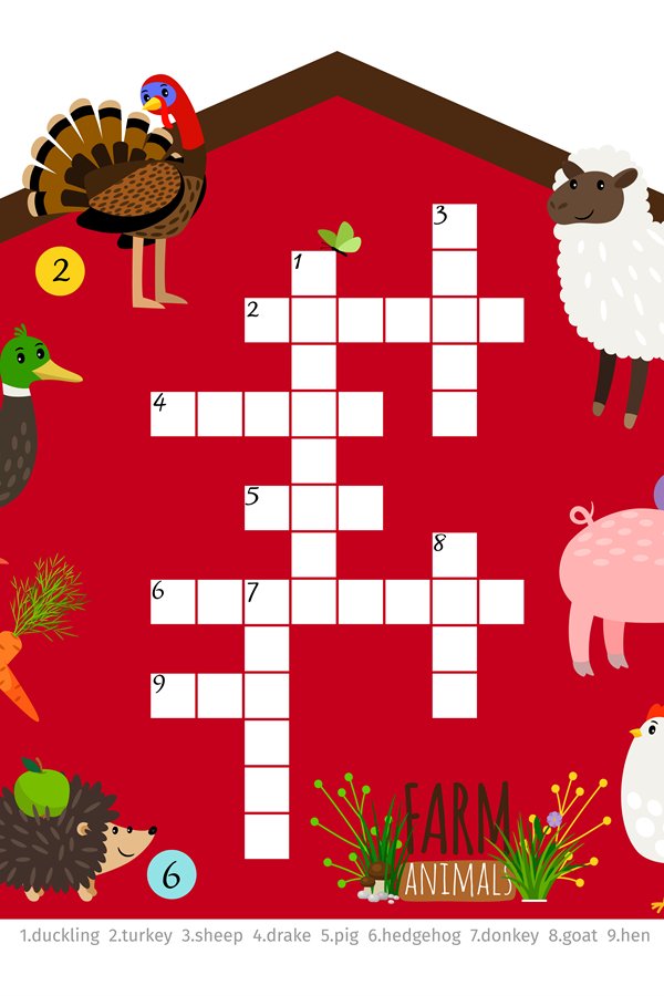 Farm animals vector kids crossword template isolated
