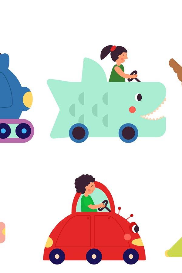 Cartoon child transportation characters. People drive vehicl