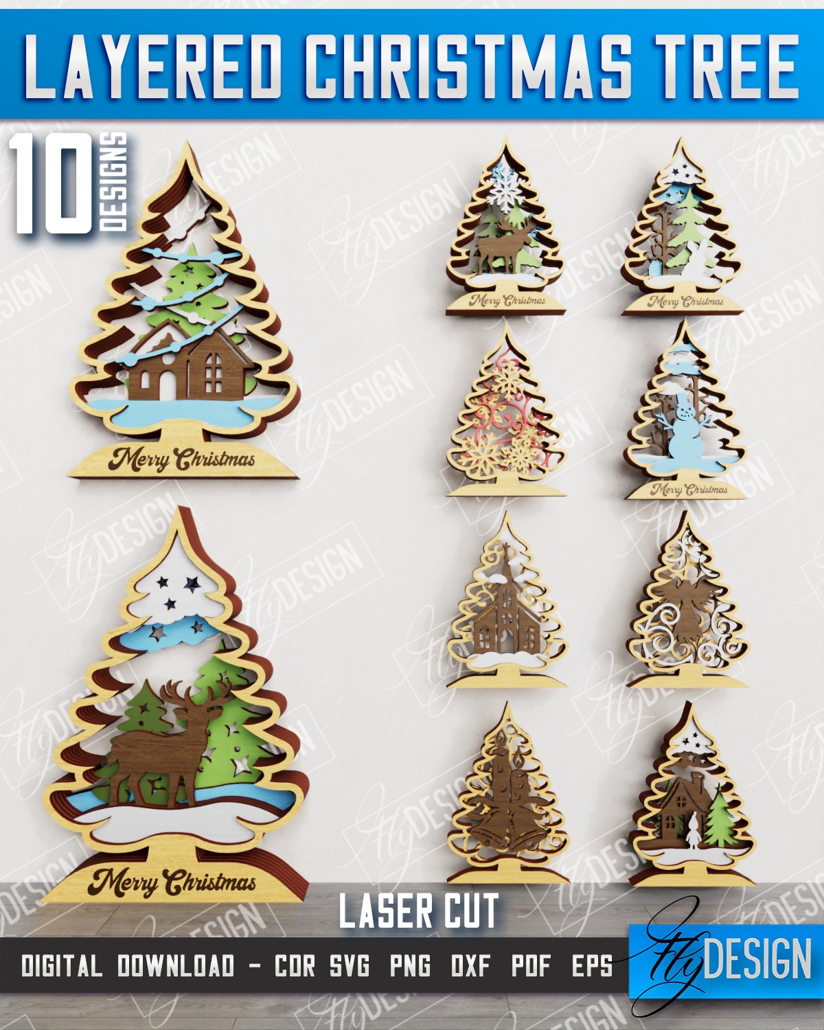 Layered Christmas Trees Laser Cut Bundle|Christmas Tree SVG