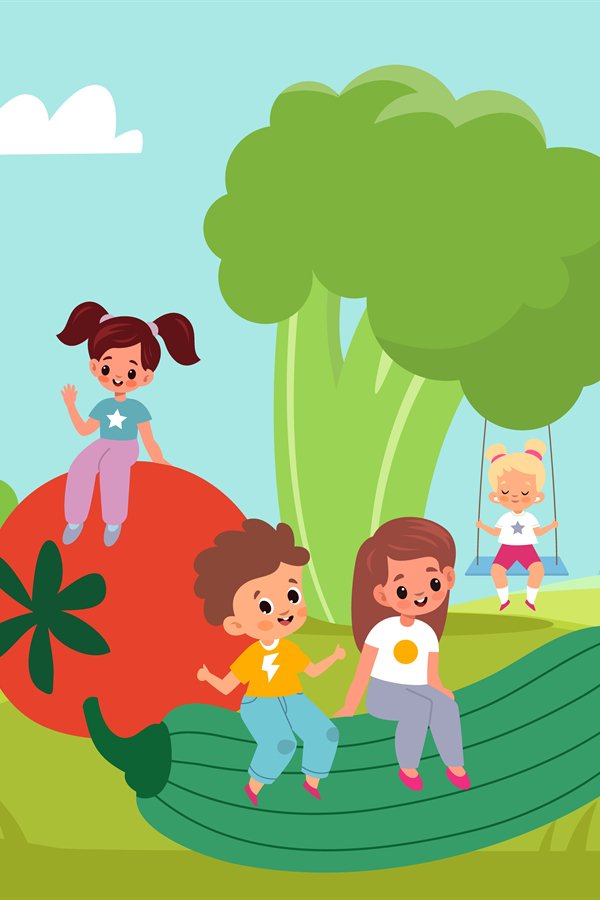 Children with vegetables. Kids entertainment and leisure. Bo