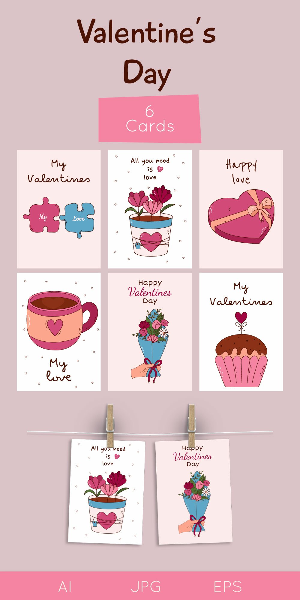 Valentine's day hand drawn cards bundle