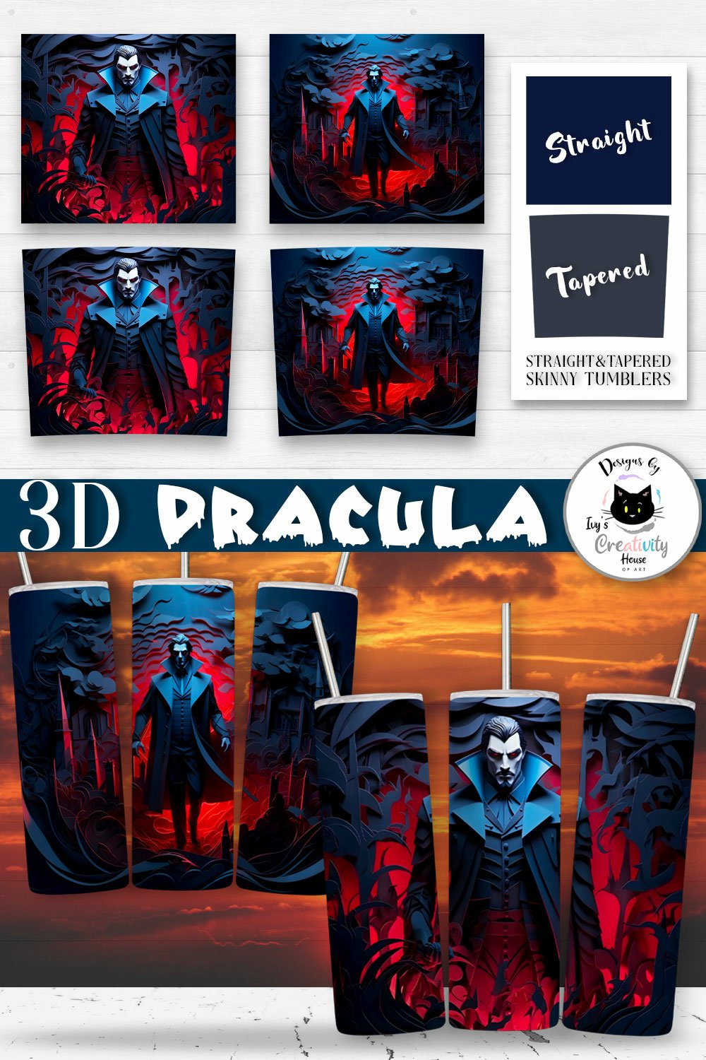 3D Dracula Tumbler Wraps | 3D Halloween Sublimation Designs