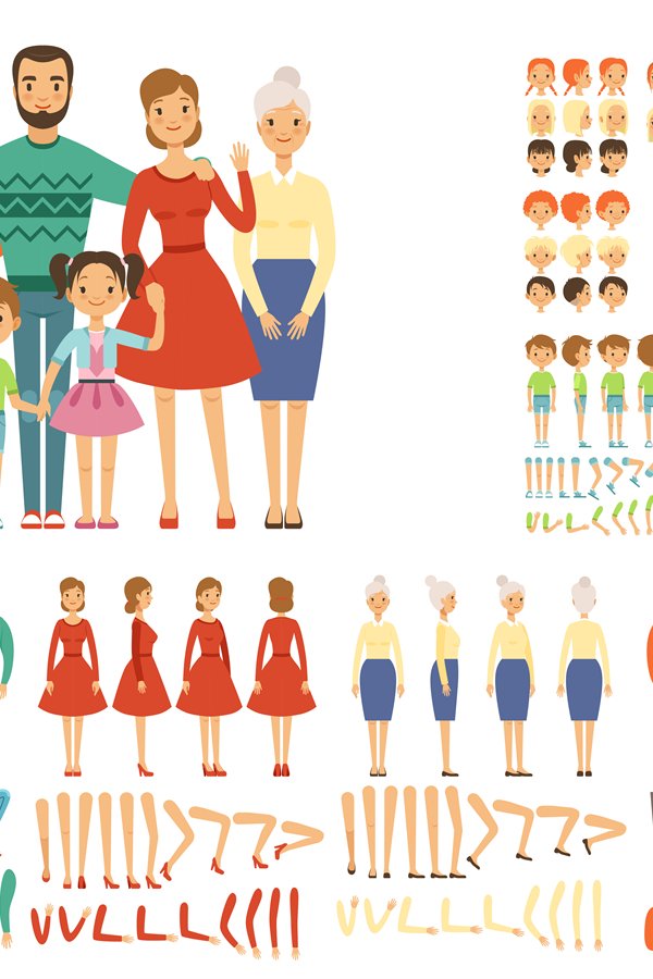 Big family. Mascot creation set characters father mother gra