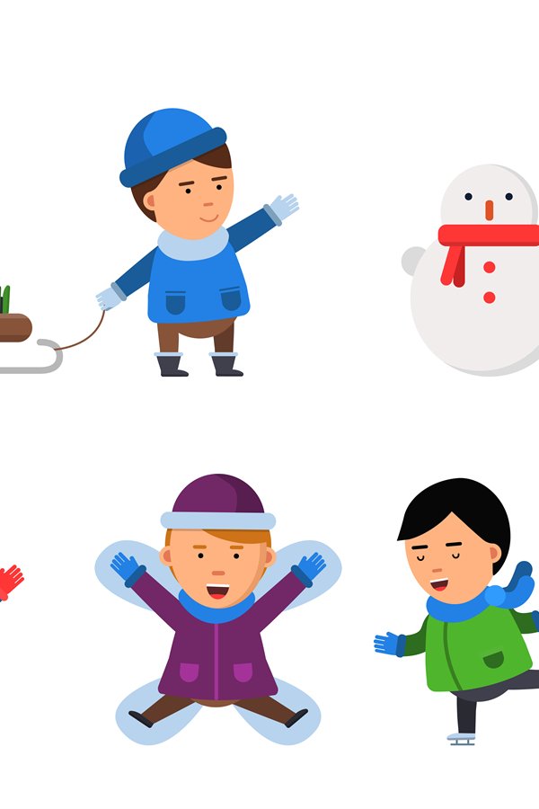 Winter smile characters. Kids snow clothes boys girls christ