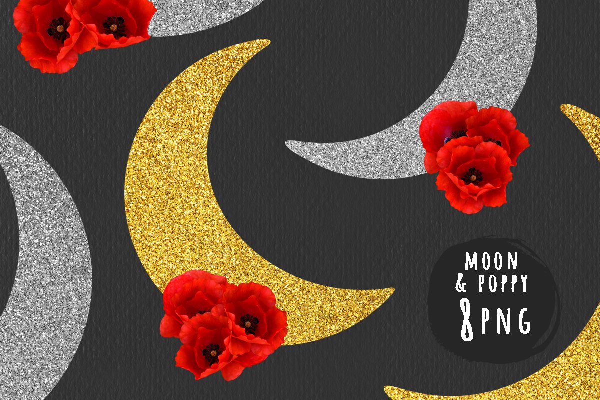 Decorative glitter moon and red poppes