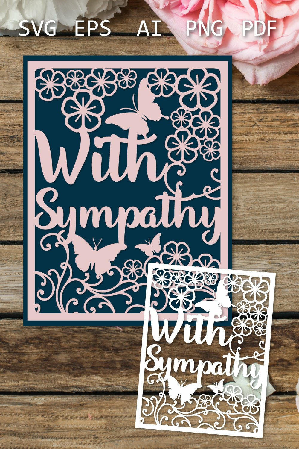 With Sympathy card SVG floral, Paper cutting template