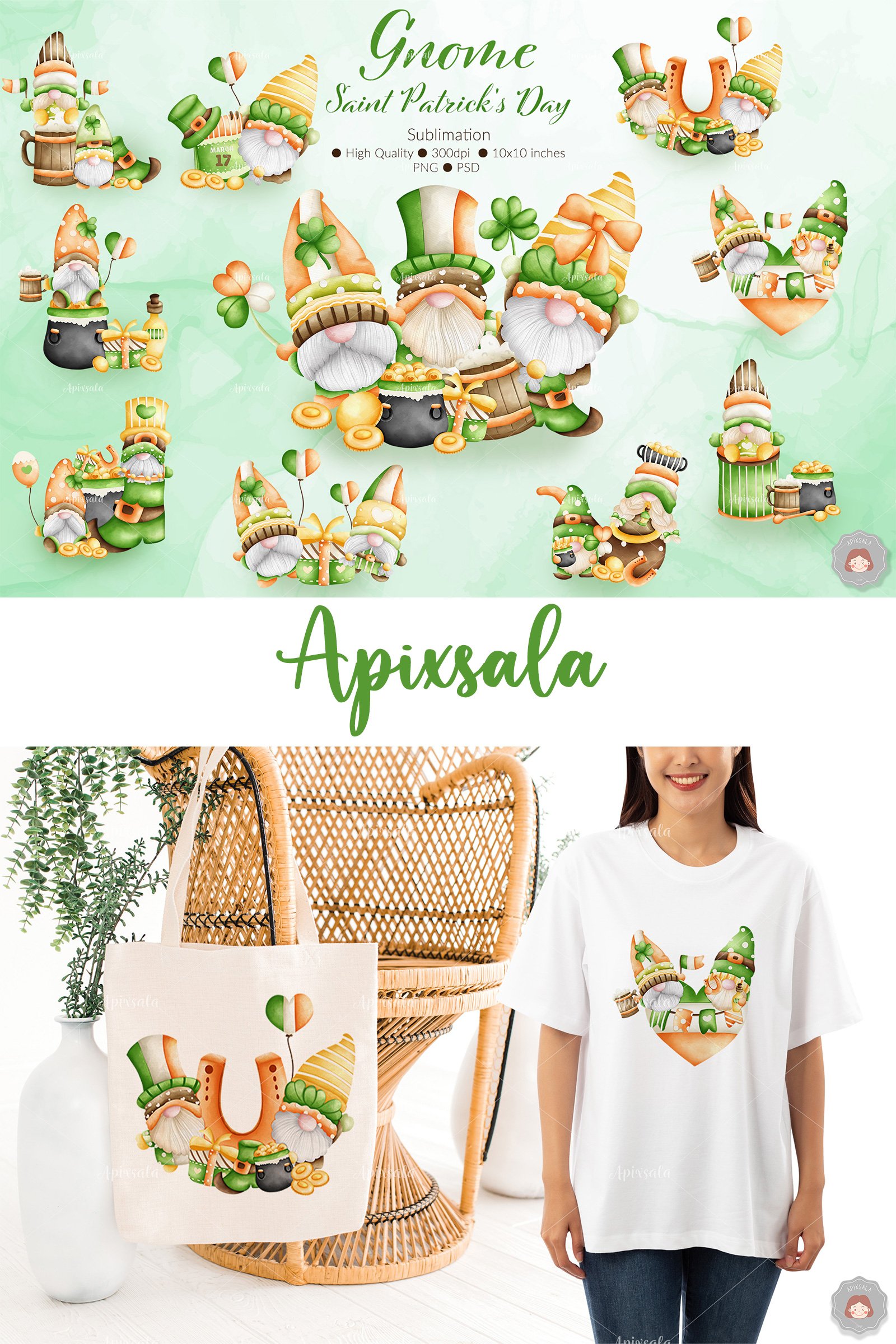 Watercolor Gnome Saint Patrick Sublimation Clipart Bundle