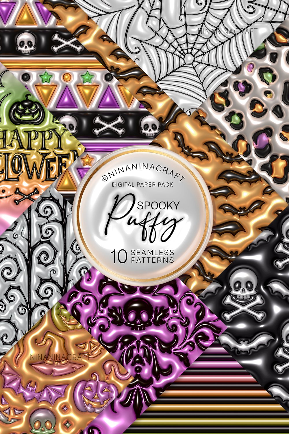 3D Inflated Puff Seamless Patterns, Halloween Puffy Bundle
