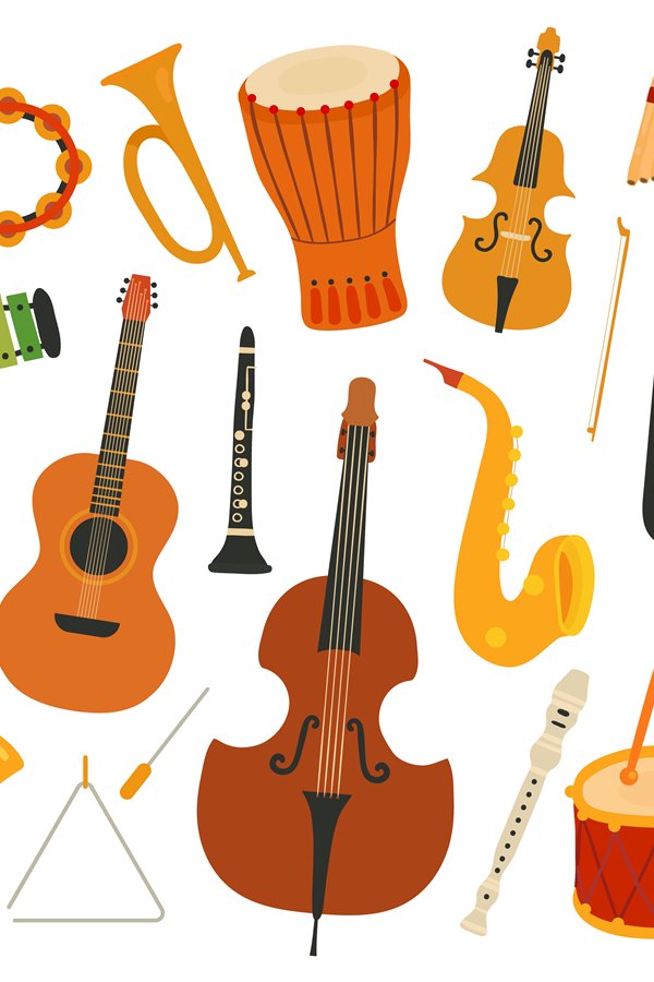 Musical instruments. Music sound instrument, harp and flute,