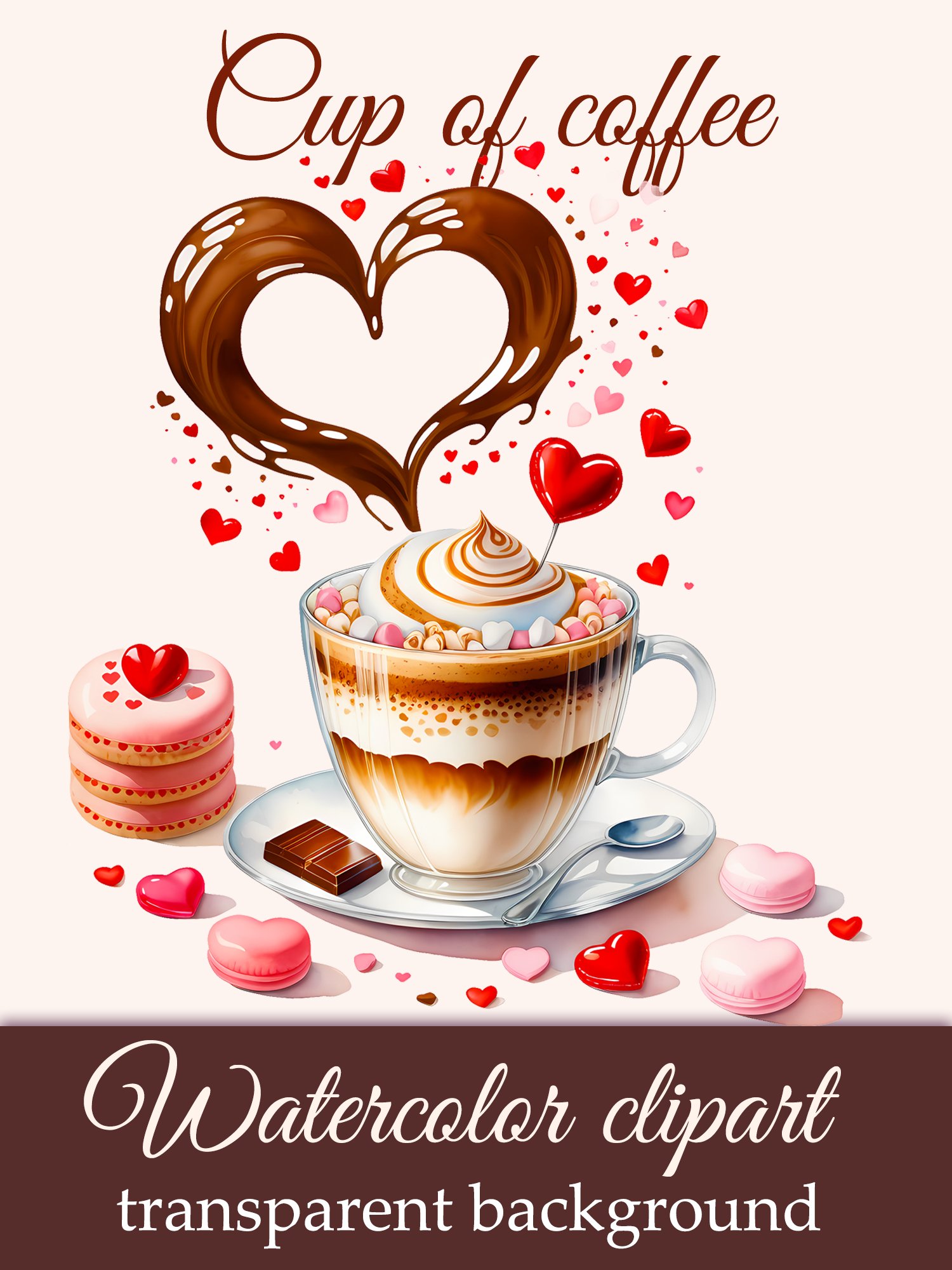 Watercolor coffee cup with hearts and chocolate, clipart Png