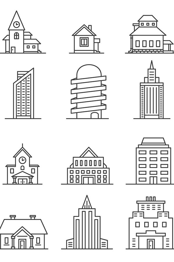 Line skyscrapers and houses. Outline city and town building.