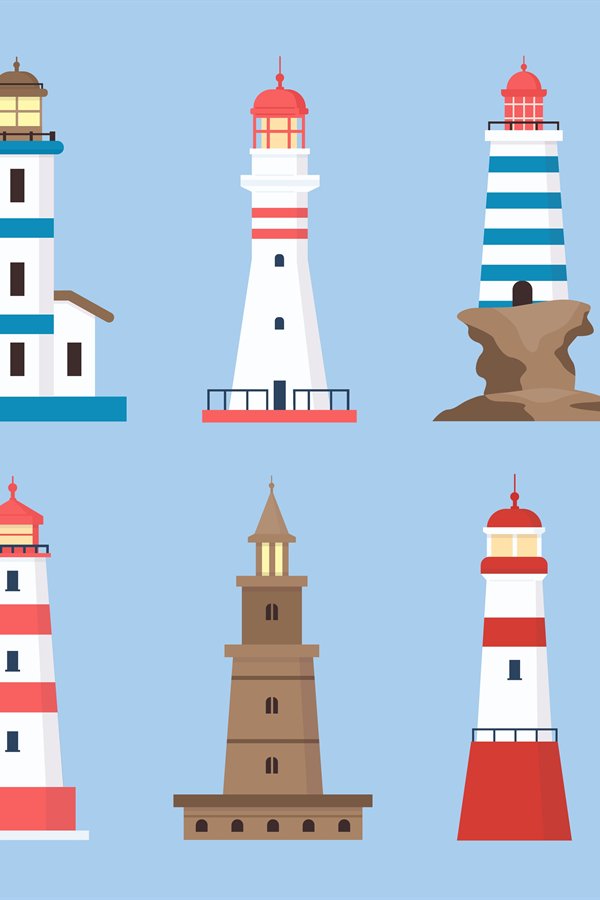 Sea beacons. Coast lighthouse with searchlight beam. Cartoon