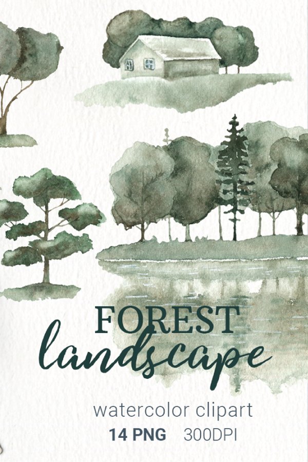 Watercolor tree landscape, forest tree, silhouette, png