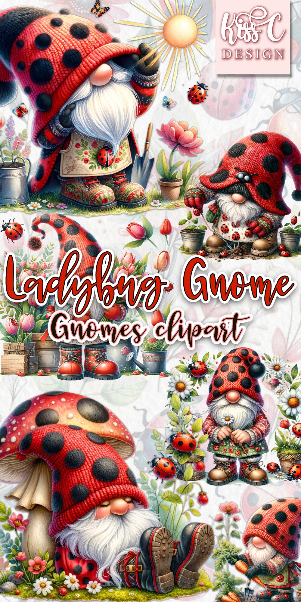 Watercolor ladybug Gnomes Clipart. Gnome Spring Season.