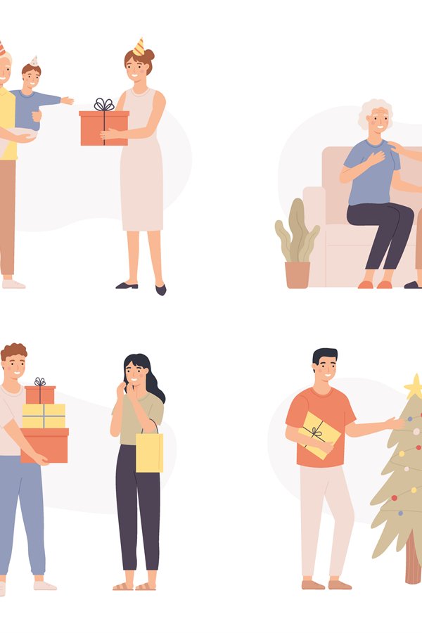 People with gifts. Various characters give and receive gift,