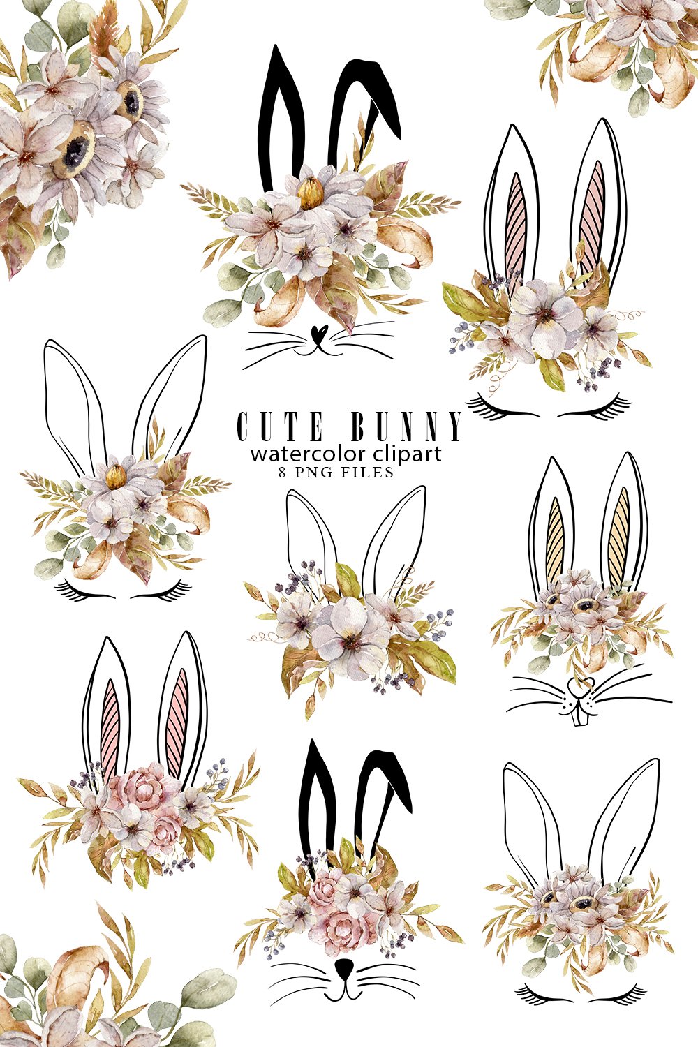 Watercolor Easter floral bunny ears clipart- 8 PNG FILES
