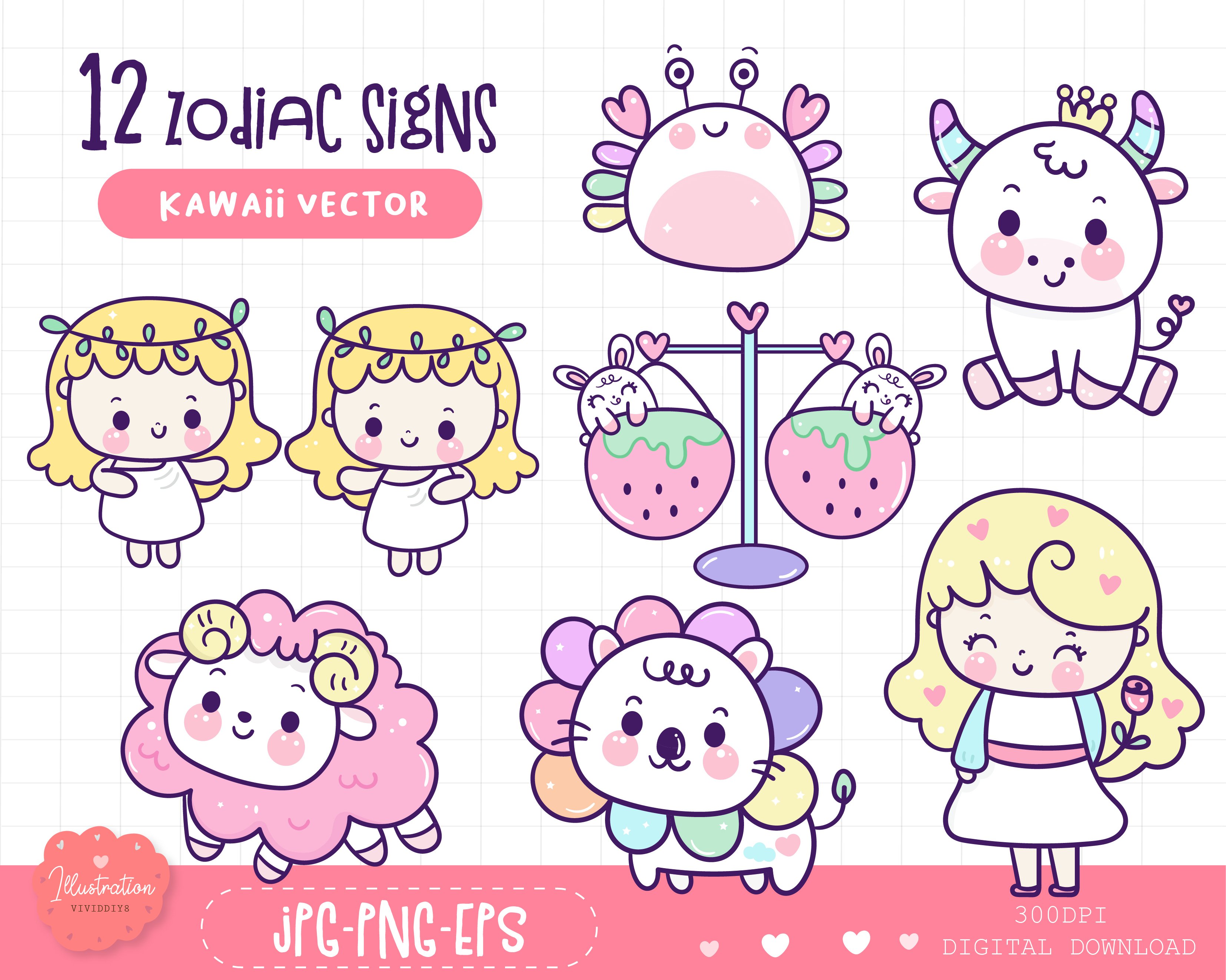 Cute horoscope zodiac signs kawaii clipart png illustration