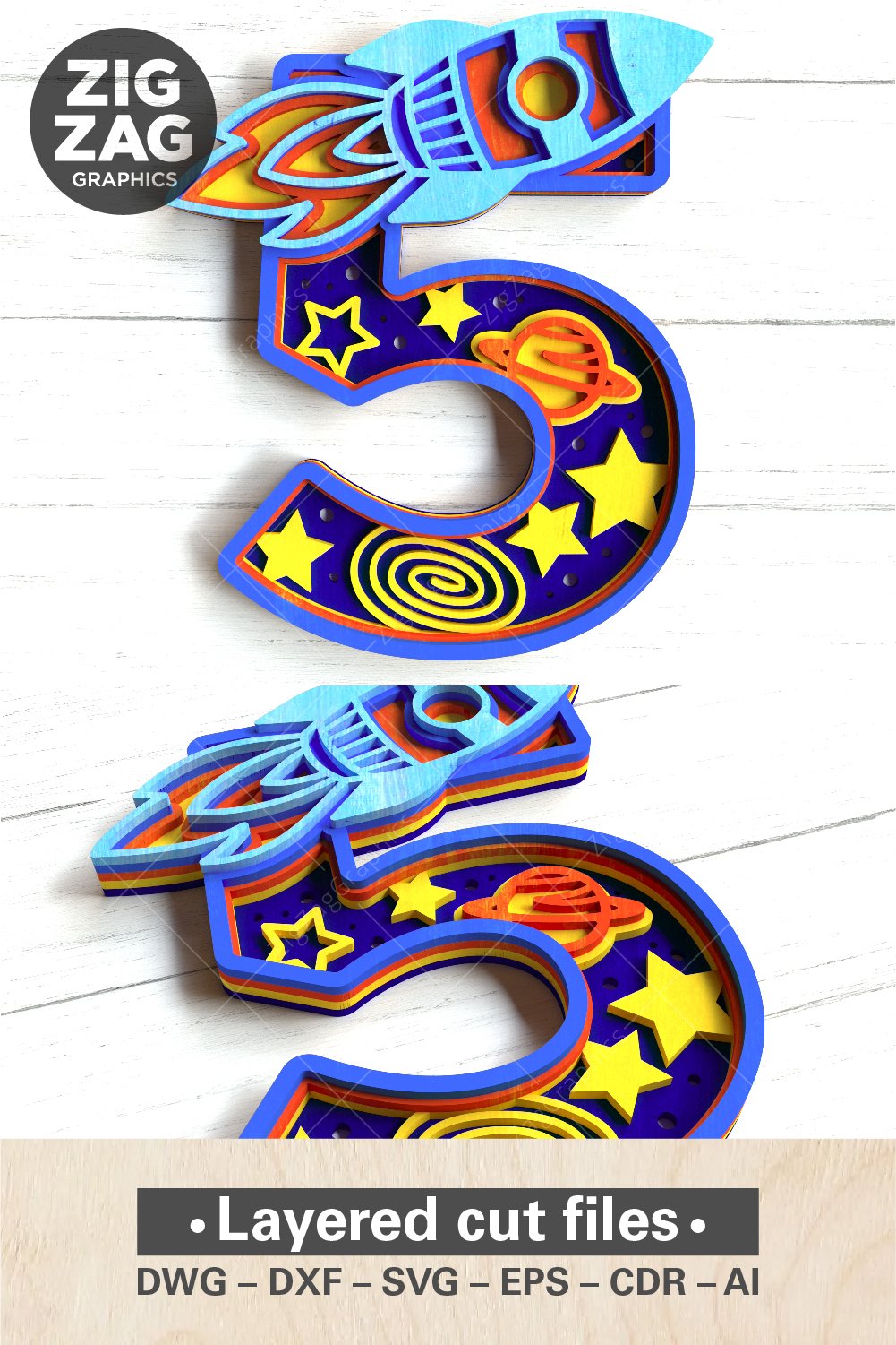 layered kids number 5 with space rocket astronaut and stars