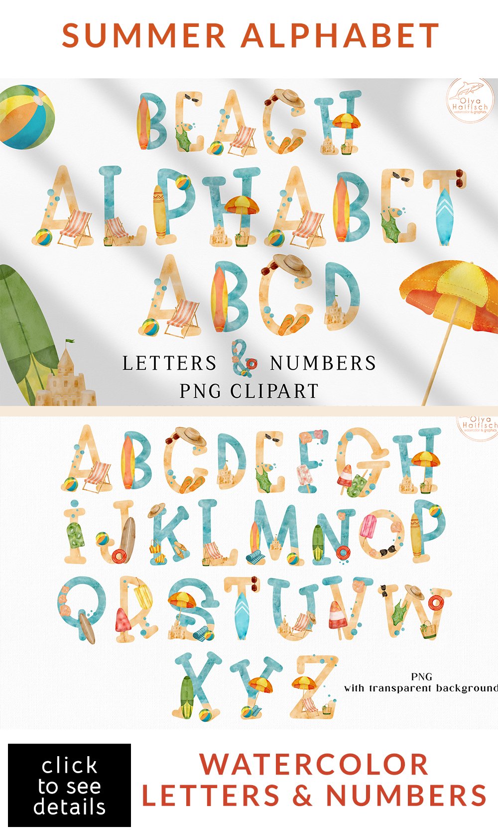 Beach Alphabet Clipart. Summer Letters and Numbers PNG