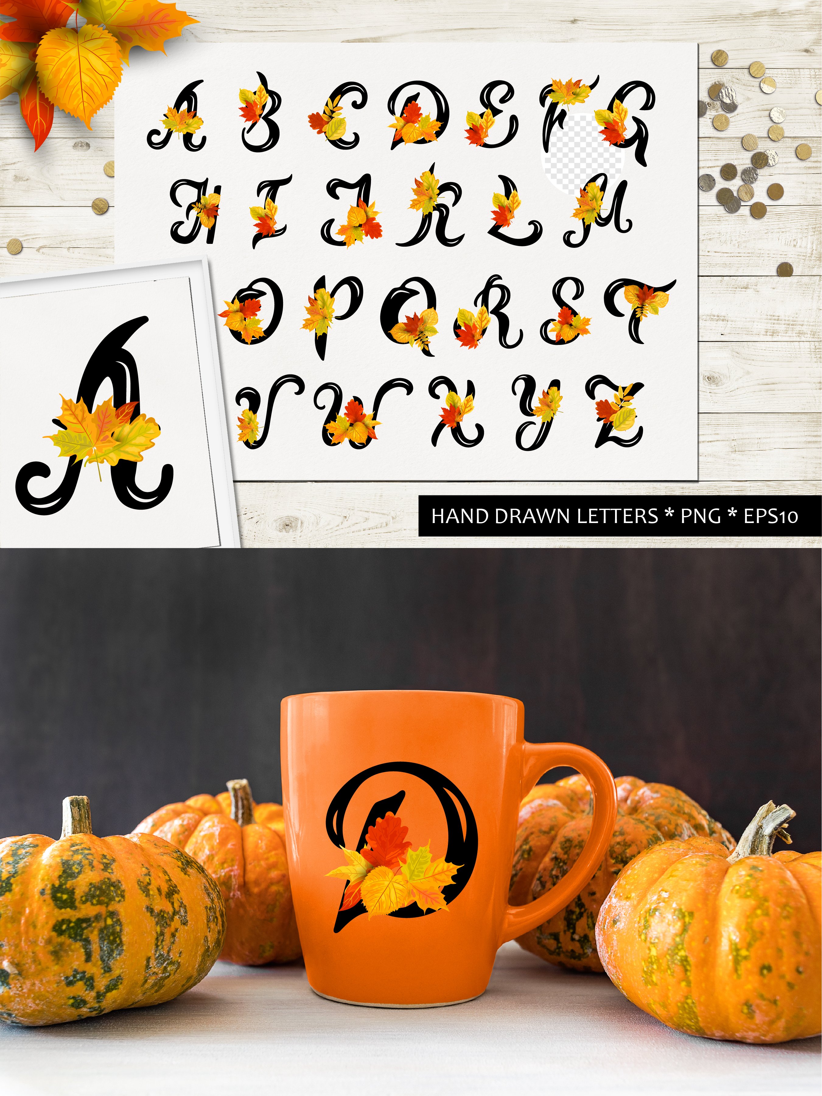 Autumn leaves alphabet. Monograms. Sublimation designs.