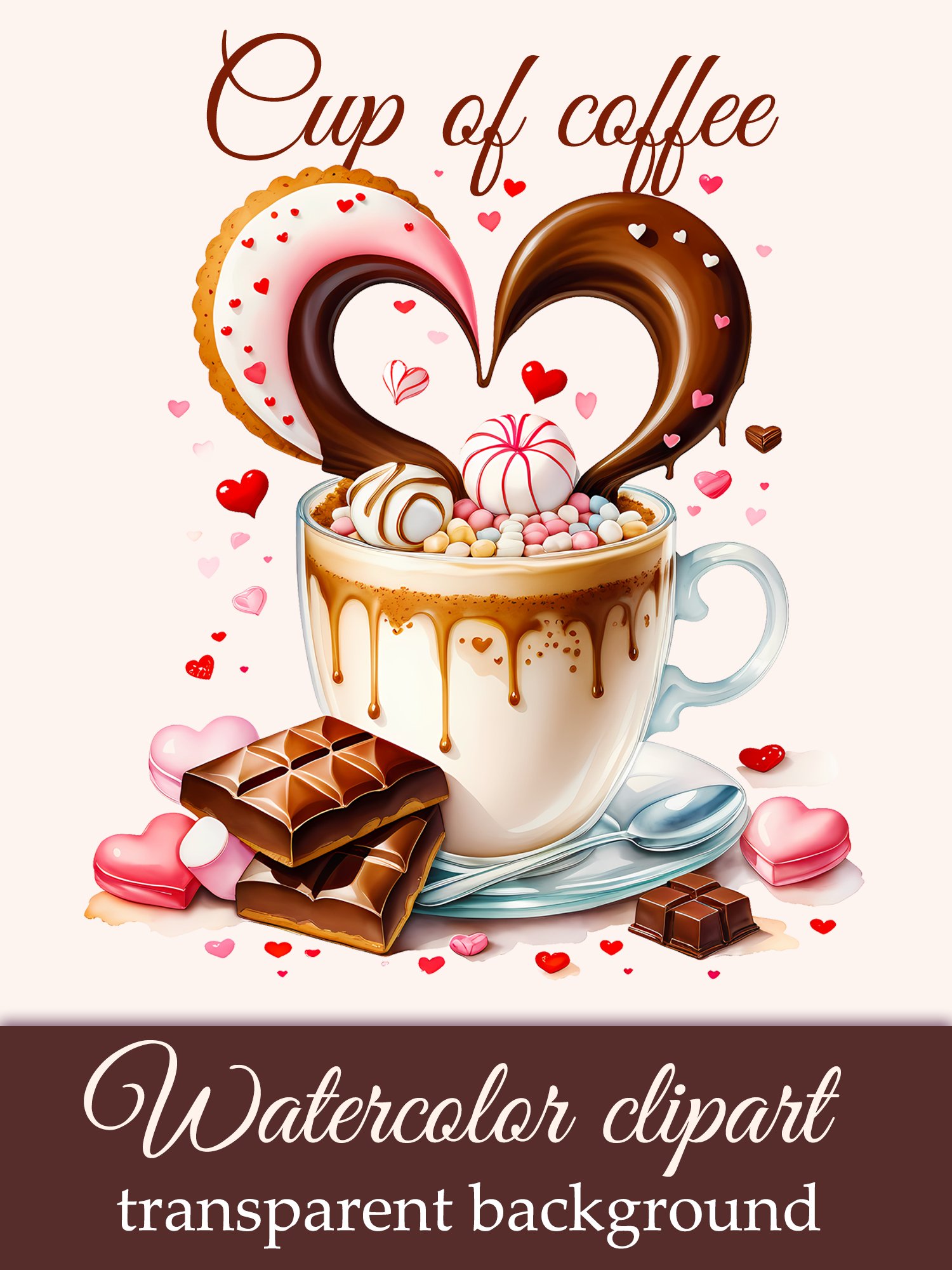 Watercolor coffee cup with hearts and chocolate, clipart Png