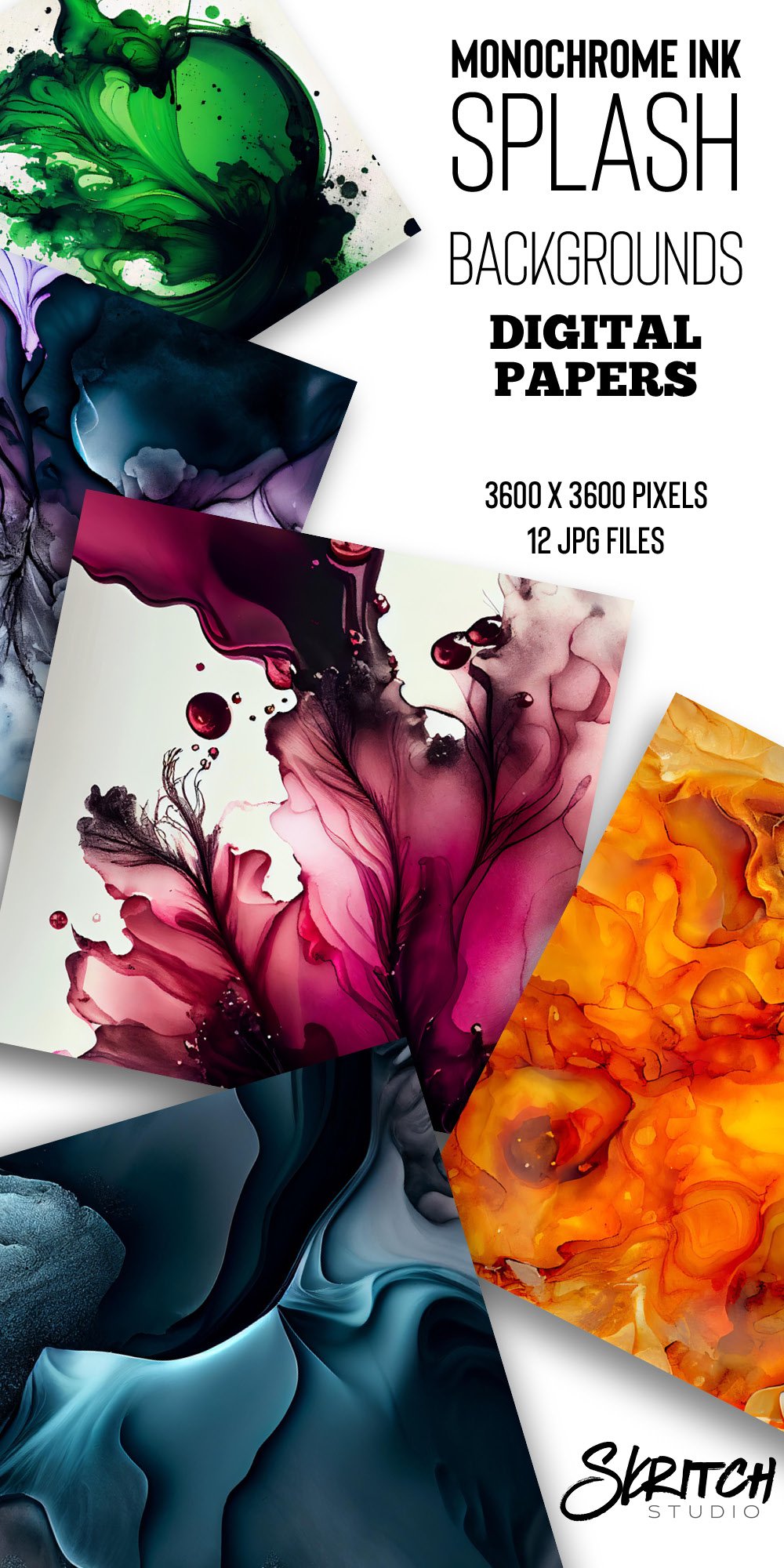 Monochrome Ink Splash Textures Digital Paper Bundle