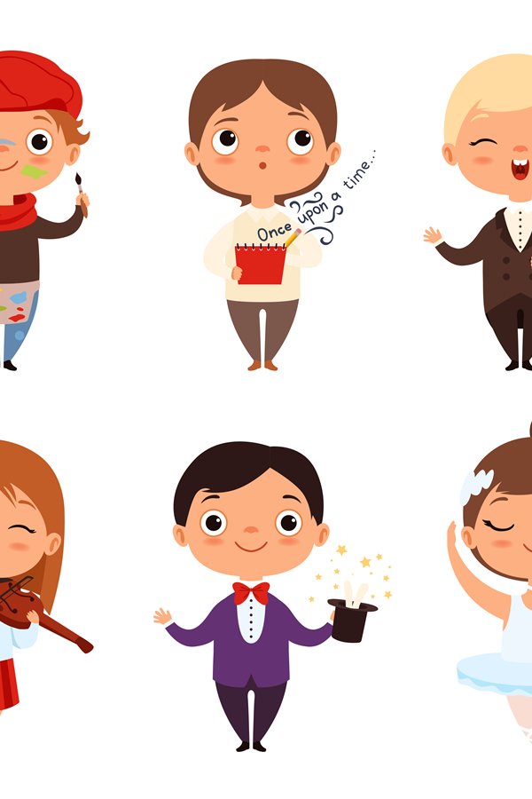 Cartoon illustrations of various creative kids. Different pr