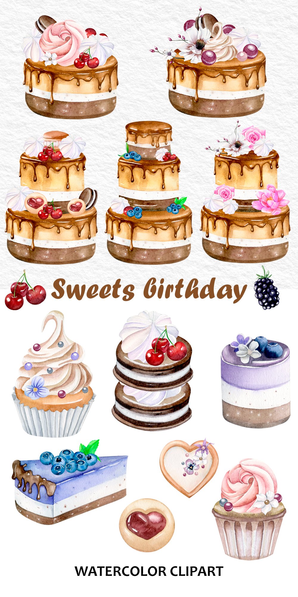 Watercolor birthday sweets PNG set, bakery clipart