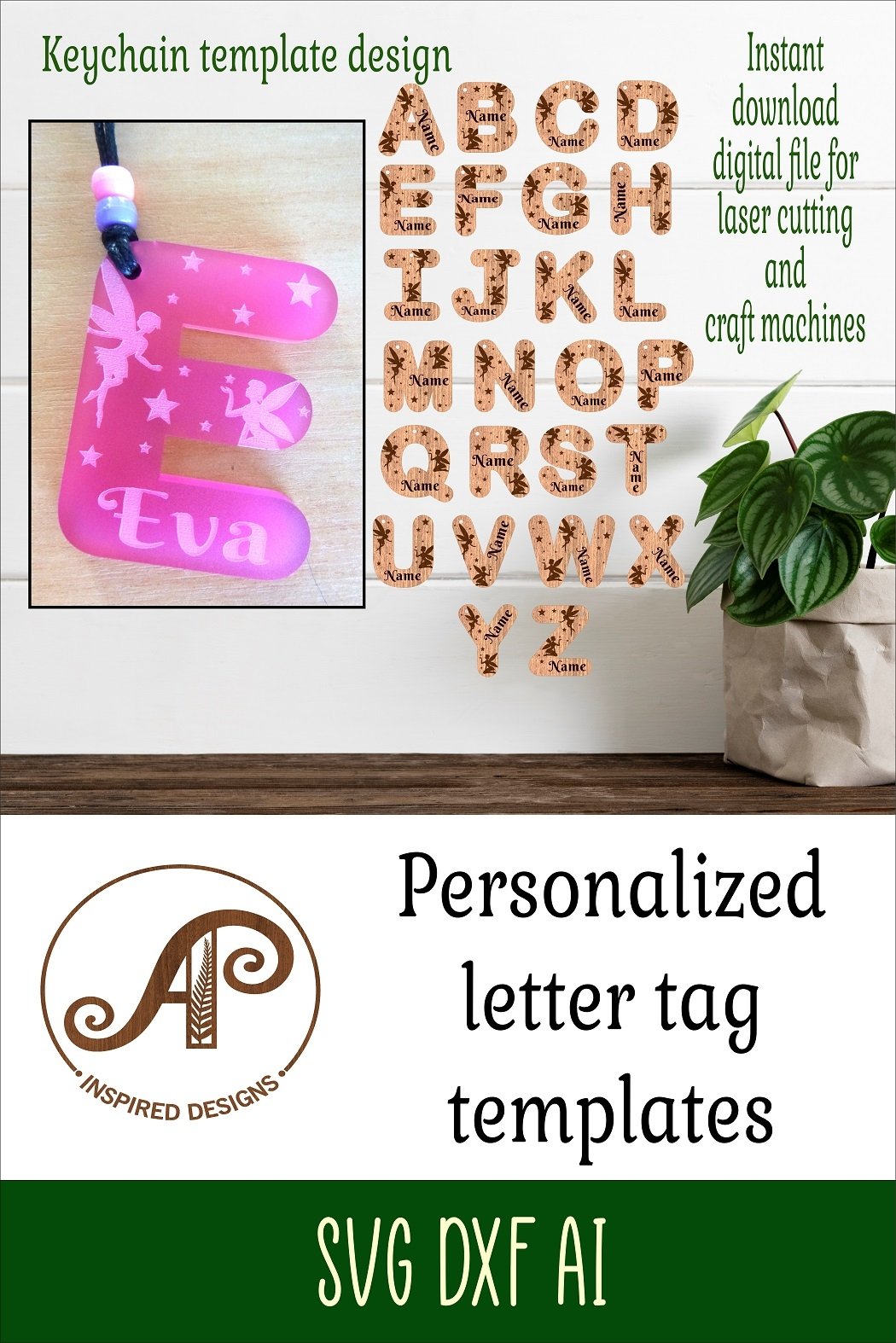 Fairy theme tag letter designs keychain DIGITAL SVG