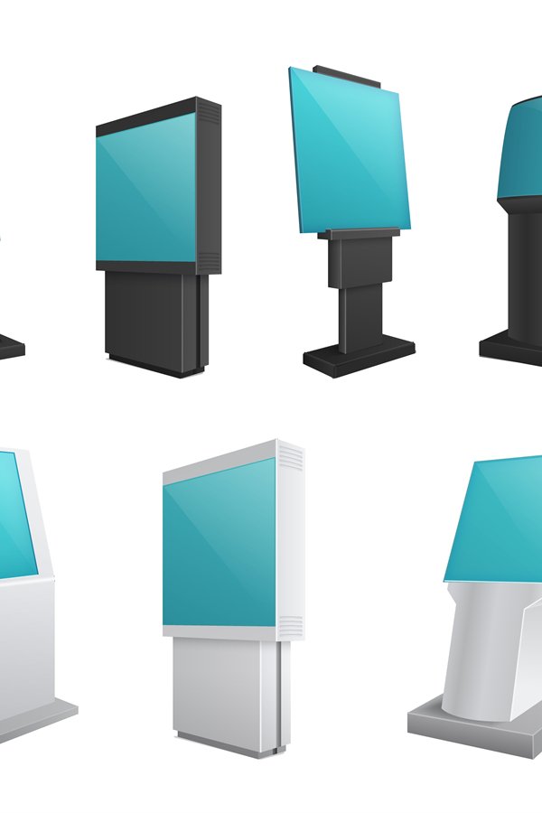 Realistic kiosk screen. Display mockup, touch digital stands