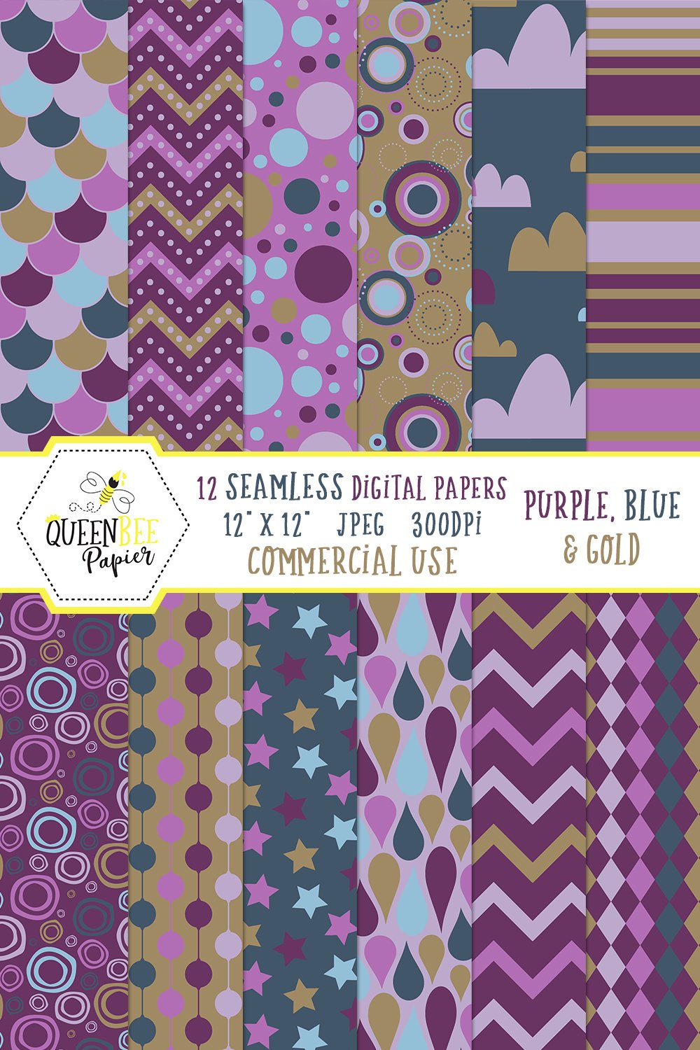 Purple, Blue Gold Seamless Digital Patterns
